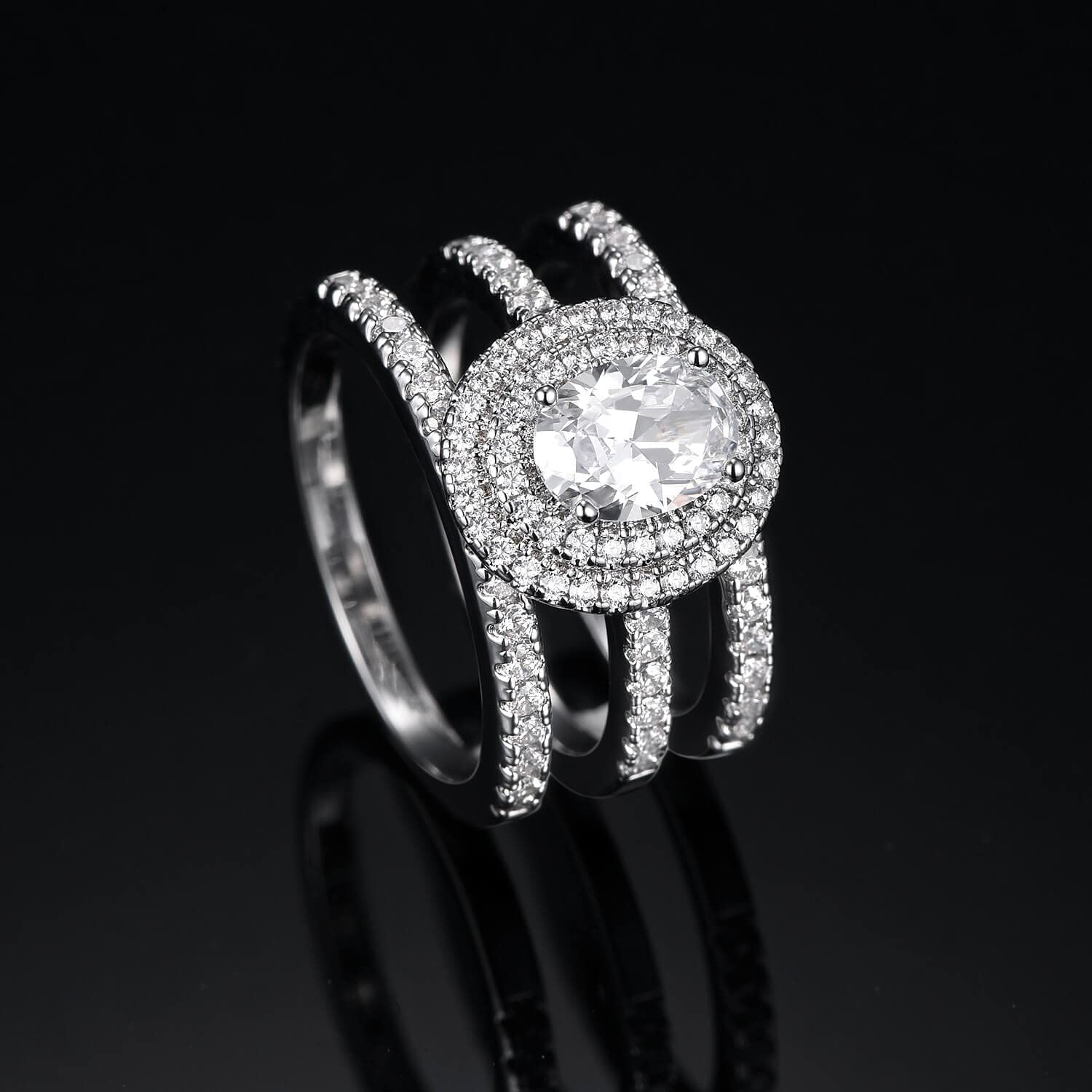 LGYIC 18K White Gold Plated Three-in-One Oval Cut Cubic Zirconia Ring Halo Wedding Engagement Bride Rings Set for Women (10)