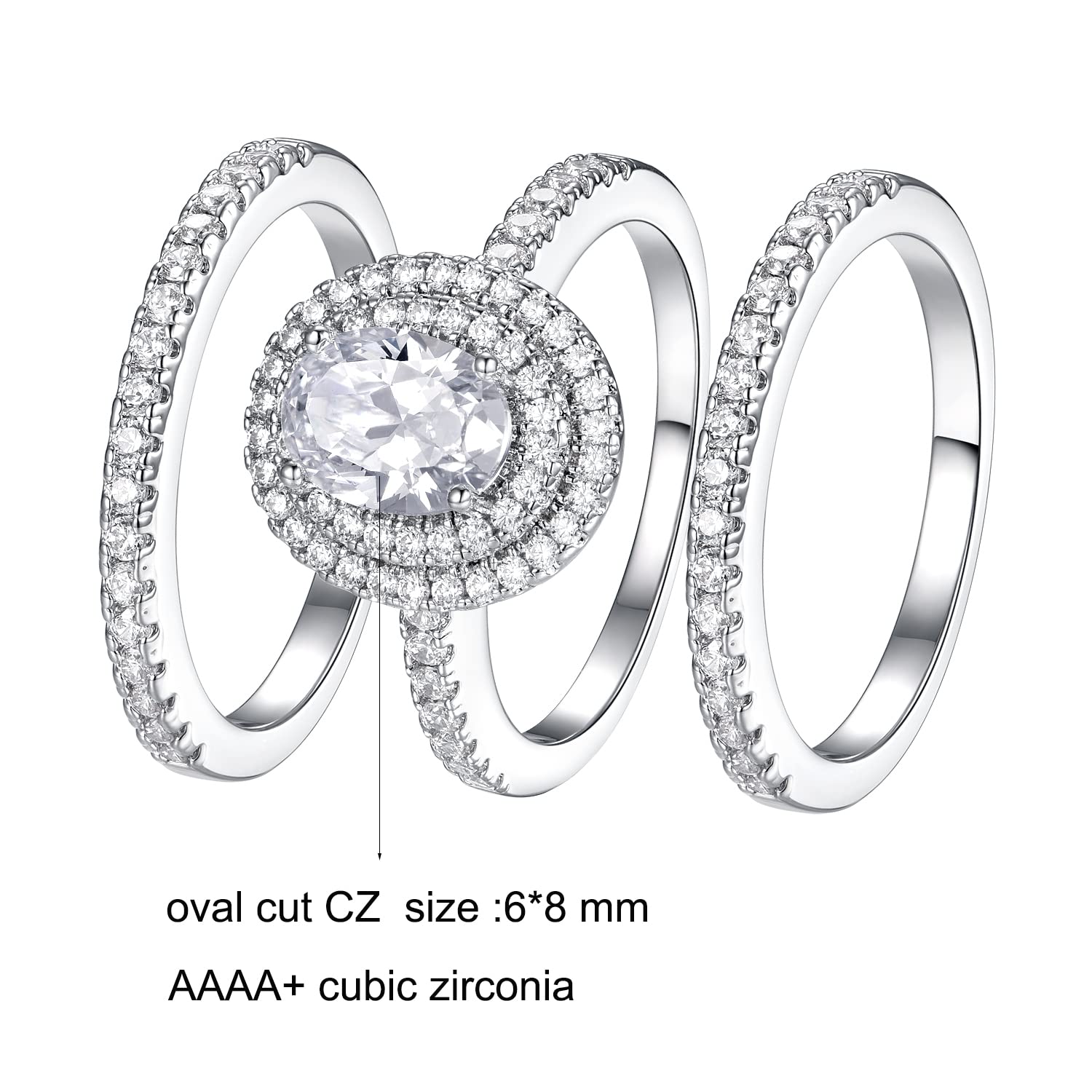 LGYIC 18K White Gold Plated Three-in-One Oval Cut Cubic Zirconia Ring Halo Wedding Engagement Bride Rings Set for Women (10)