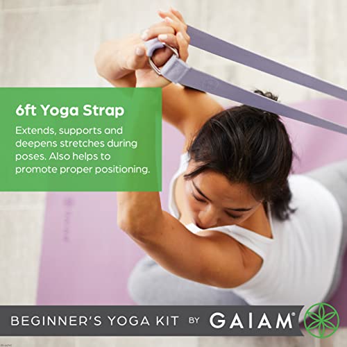 Gaiam Beginner's Yoga Starter Kit Set (Yoga Mat, Yoga Blocks, Yoga Strap) - Light 4mm Thick Printed Non-Slip Exercise Mat for Everyday Yoga - Includes 6ft Yoga Strap & 2 Yoga Bricks - Purple Marrakesh