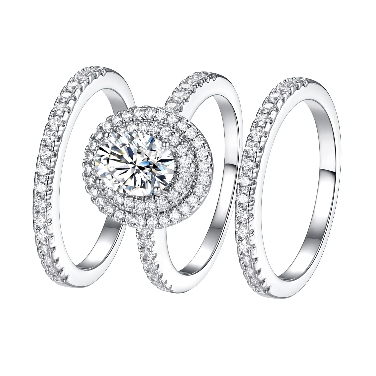 LGYIC 18K White Gold Plated Three-in-One Oval Cut Cubic Zirconia Ring Halo Wedding Engagement Bride Rings Set for Women (10)