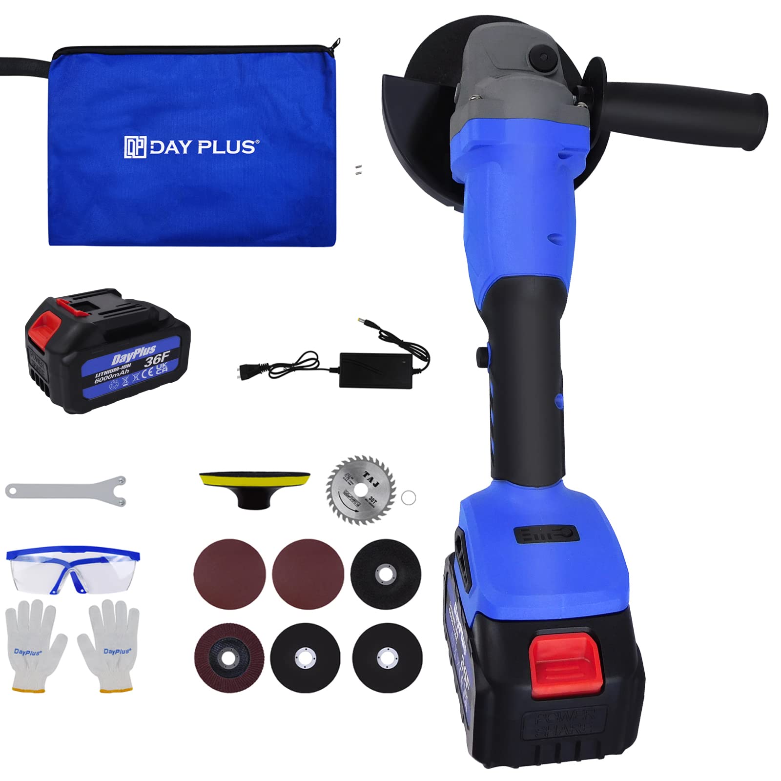 Angle Grinder with Battery, Charger, 21V Power Battery Grinder Tool for Metal Wood, Electric Metal Grinder (10000RPM, 2 Position Handle, Grinding & Cutting Wheels, Flap Disc, Spanner, Safety Guard)