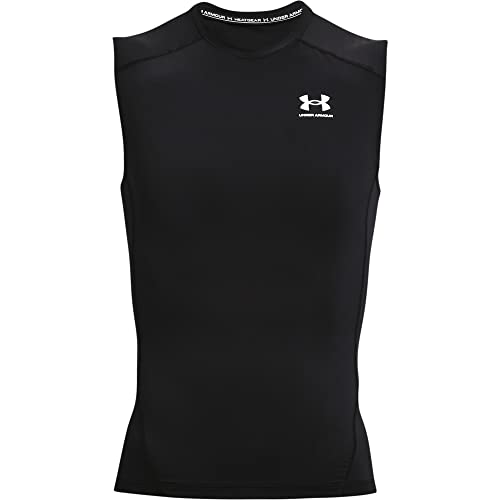 Under Armour mens Armour Heatgear Compression Sleeveless T-shirt , Black (001)/White , Large