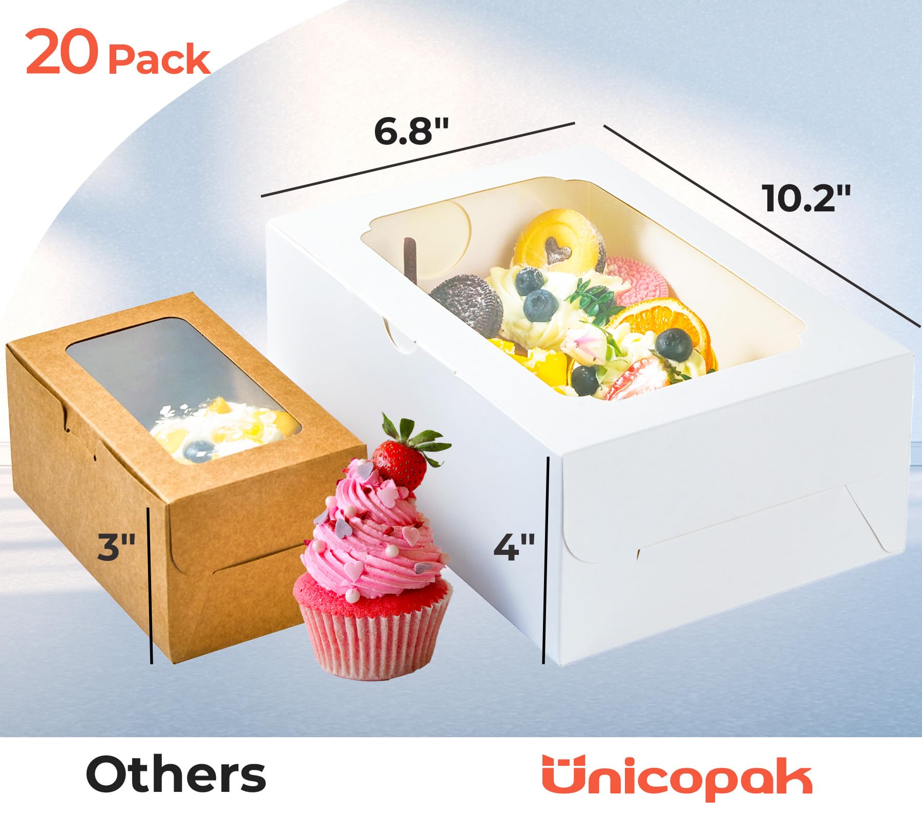 UnicoPak 20 Pack 10 x 6.8 x 4 Inch Tall White Cupcake Boxes with Handle Tray, Cupcake Boxes 6 Count, Extra Large Cupcake Boxes Bakery Boxes Muffin Boxes for Standard and High Creams Decorated Cupcakes Muffins Jumbo Cupcakes