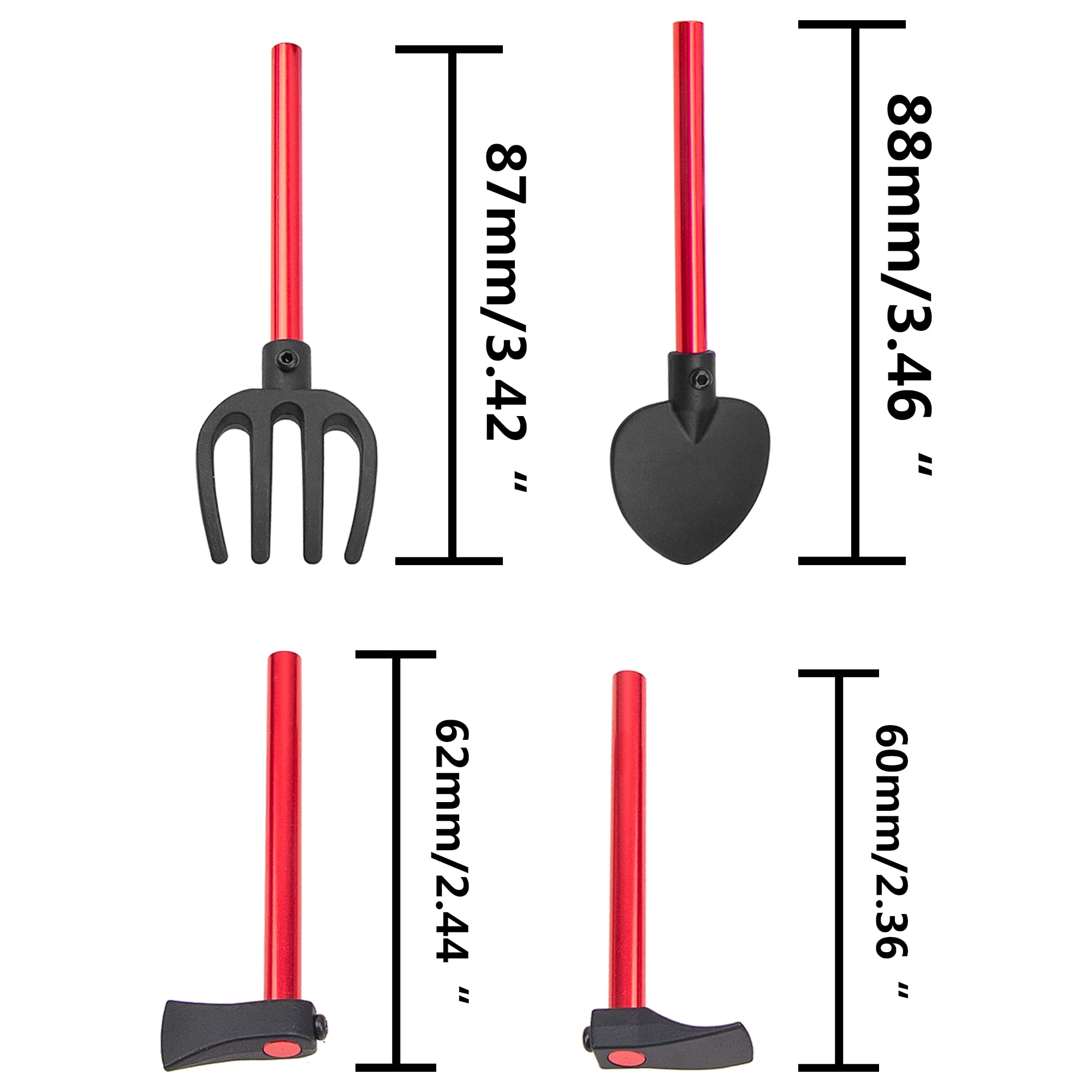 HIRCQOO 1/10 RC Simulation Metal Shovel Hoe Fork Axe Decor Decoration Accessories Compatible with Traxxas TRX-4 Tamiya CC01 Axial SCX10 94006 D90 Redcat HSP 1/10 RC Crawler (Red)