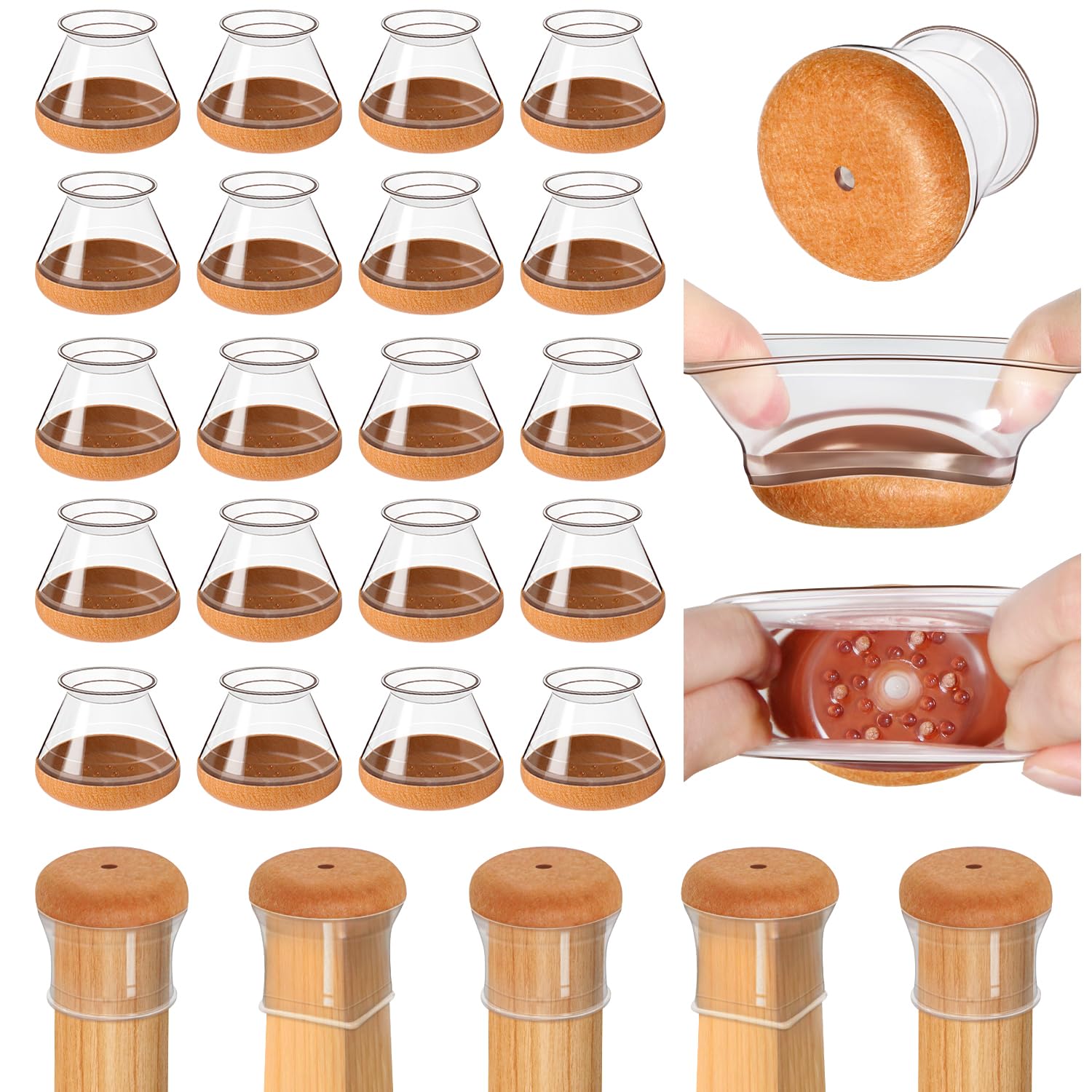 OCONDA 20 Pcs Chair Leg Floor Protectors for Hardwood Floors, Clear Rubber Furniture Sliders with Felt, Silicone Furniture Leg Caps Covers, Fit Round Diameter (0.8''-1.2'')