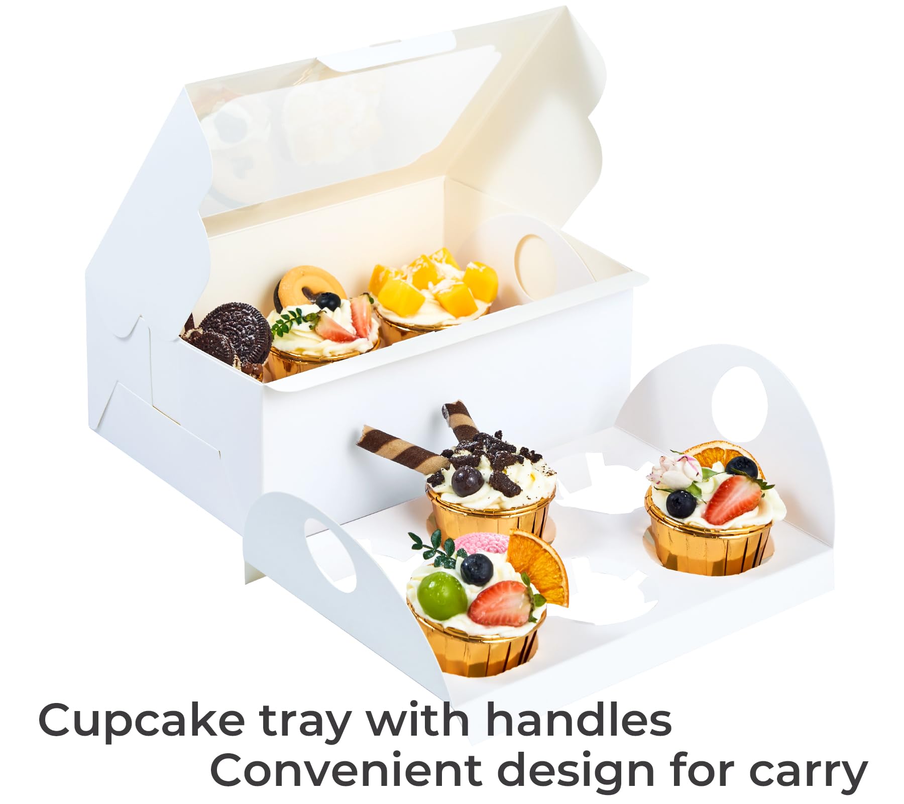 UnicoPak 20 Pack 10 x 6.8 x 4 Inch Tall White Cupcake Boxes with Handle Tray, Cupcake Boxes 6 Count, Extra Large Cupcake Boxes Bakery Boxes Muffin Boxes for Standard and High Creams Decorated Cupcakes Muffins Jumbo Cupcakes