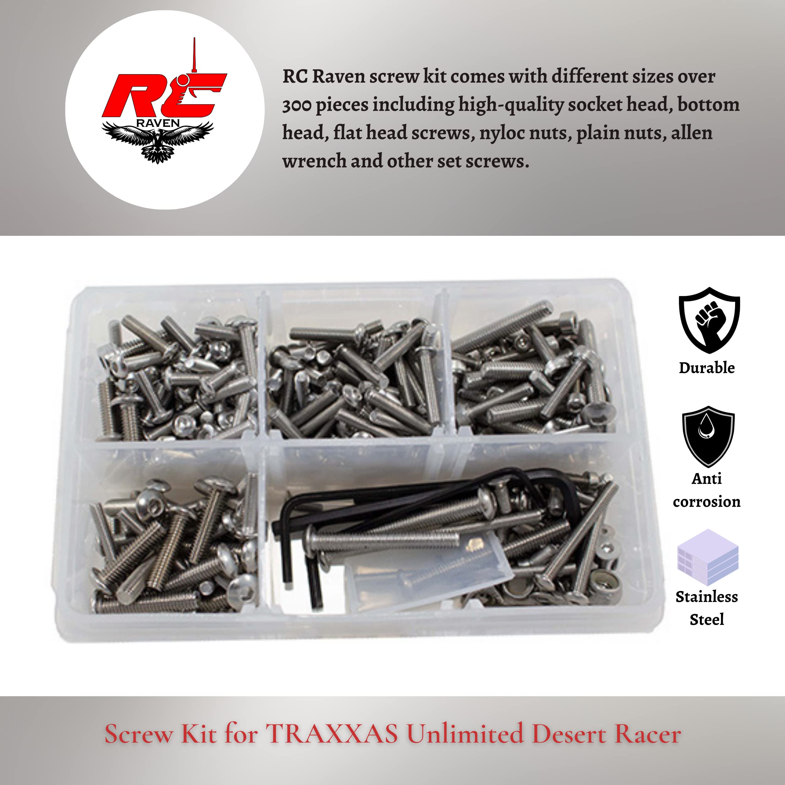 RC Raven RC Screw Kit for Unlimited Desert Racer with over 300 pcs Stainless Steel RC Car Tool Kit including Head Screws, nuts, Washers and Set Screws