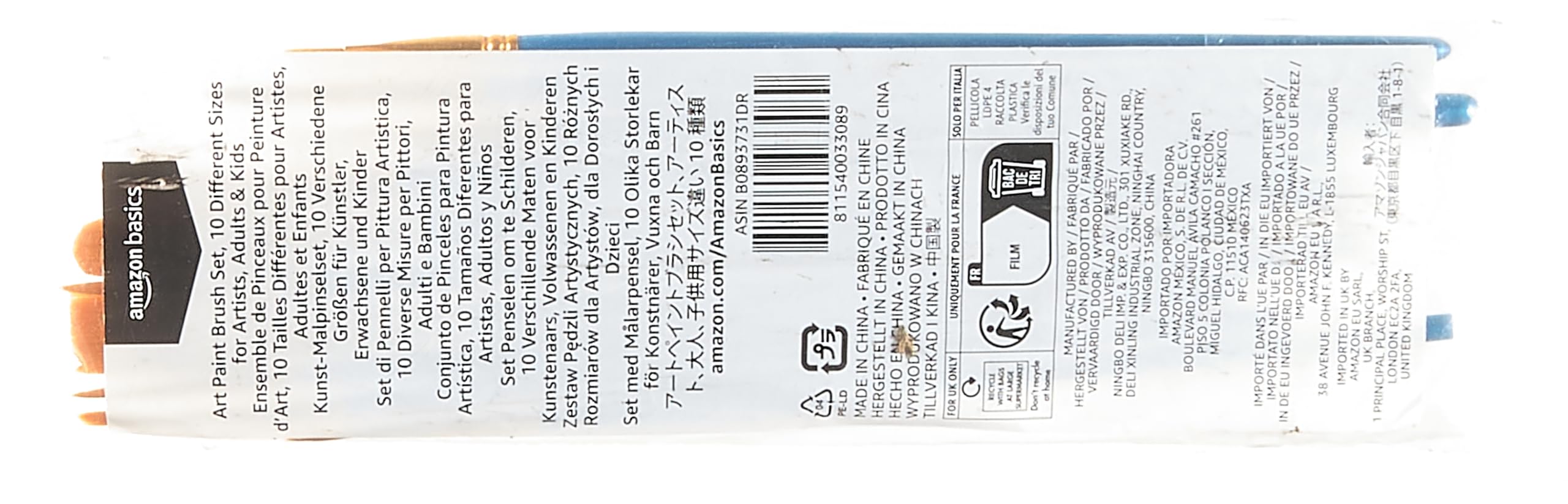 Amazon Basics Paint Brush Set, Nylon Paint Brushes for Acrylic, Oil, Watercolor, 10 Brush Sizes