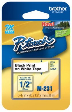 1/2" (12mm) Black on White P-Touch M Tape for Brother PT-55, PT55 Label Maker