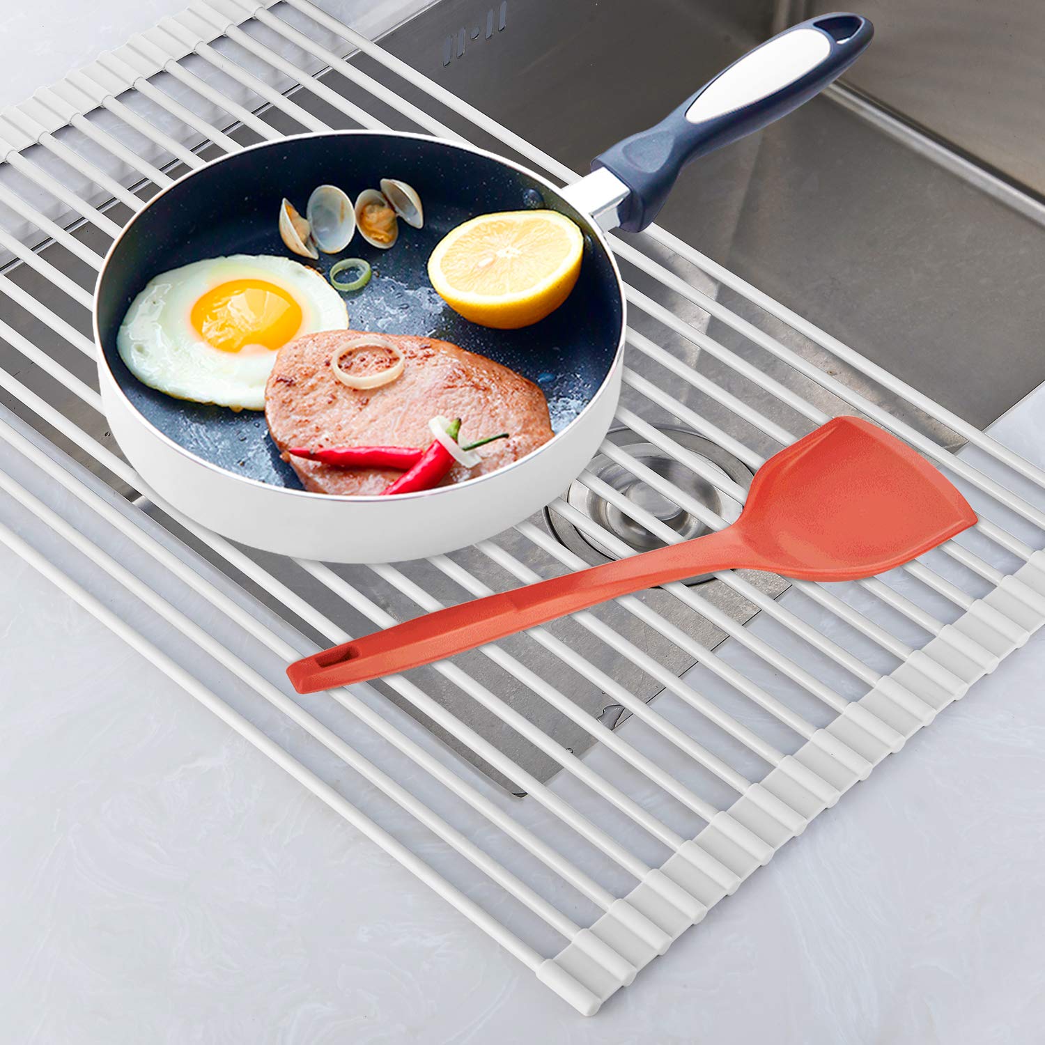 Roll Up Rack, Collapsible Dish Drying Rack-In The Sink Drying Mat-Multipurpose Dish Drainer-Rv Dish Drying Rack-Fruits and Vegetable Rinser-Durable Silicone Covered Stainless Steel Black, TECI TCF001B