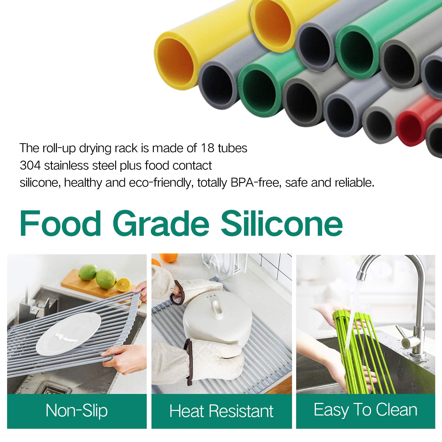 Roll Up Rack, Collapsible Dish Drying Rack-In The Sink Drying Mat-Multipurpose Dish Drainer-Rv Dish Drying Rack-Fruits and Vegetable Rinser-Durable Silicone Covered Stainless Steel Black, TECI TCF001B
