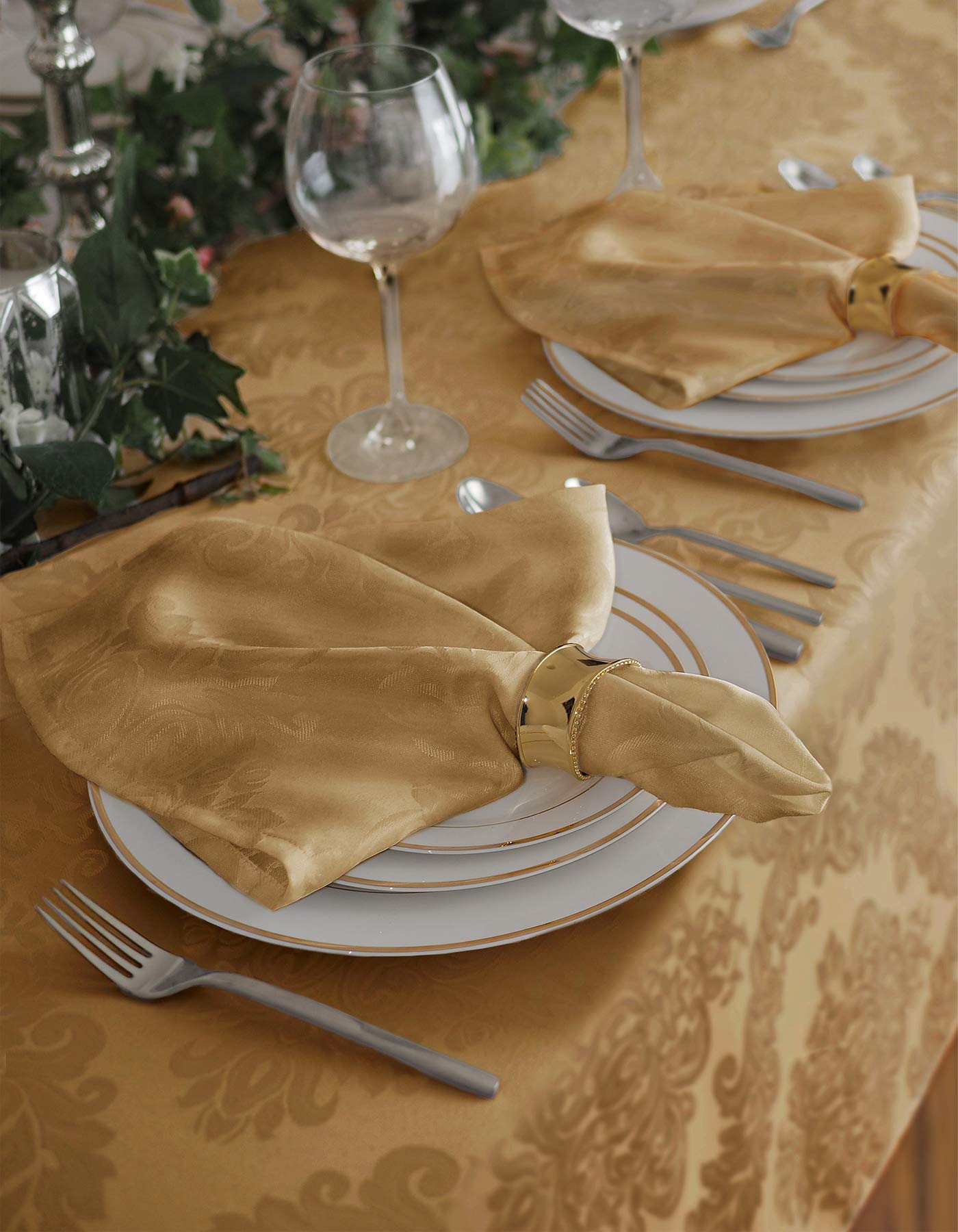 Newbridge Barcelona Luxury Damask Fabric Tablecloth, 100% Polyester, No Iron, Soil Resistant Dining Room, Party Banquet and Holiday Tablecloth, 60 Inch x 84 Inch Oval, Gold