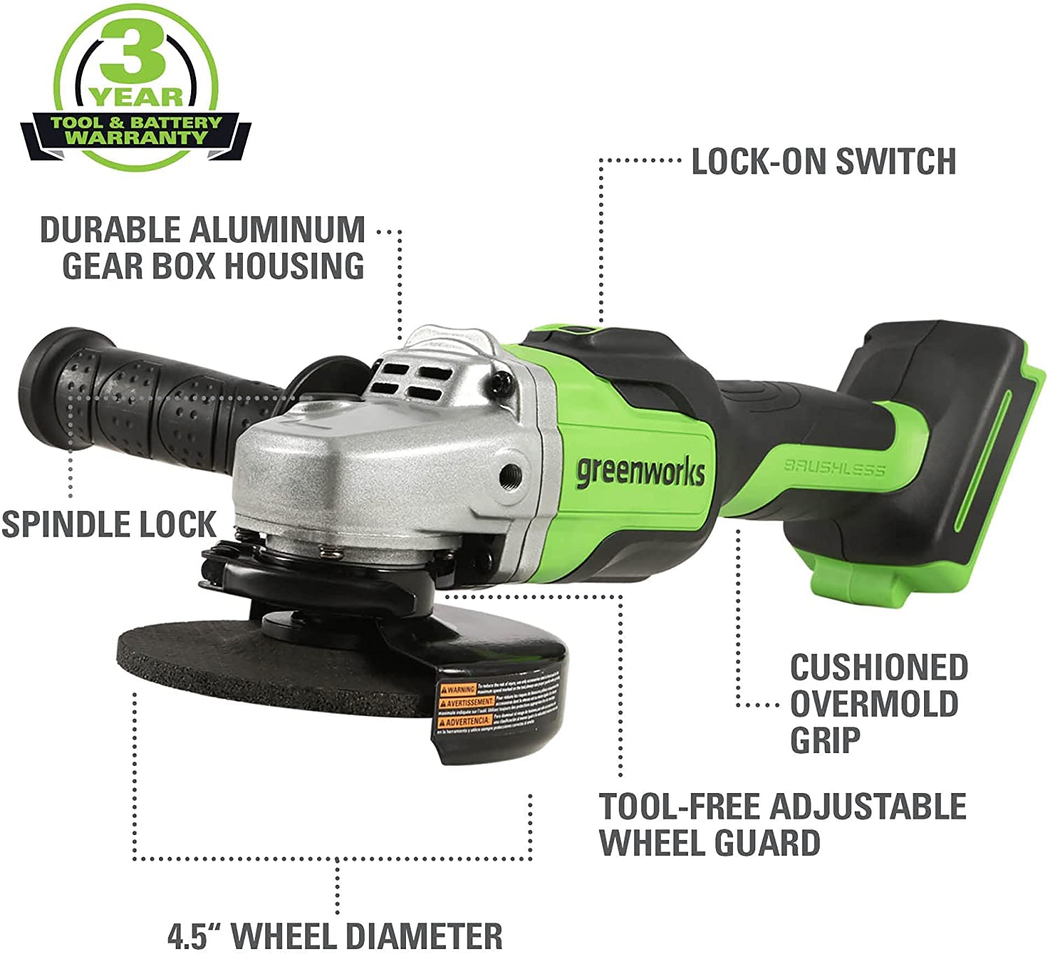 GreenWorks 24V Brushless Cordless 5" Angle Grinder, 10500rpm, 2-Position Auxiliary Handle, Electric Brake, Grinding Wheel, 2.0Ah USB Battery and Charger Included