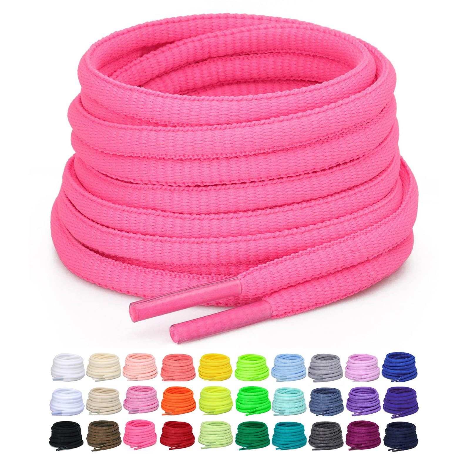 Puzeam 2 Pairs Oval Athletic Shoelaces 30 Colors 1/4" Half Round Shoe Laces for Sneakers - Hot Pink 120
