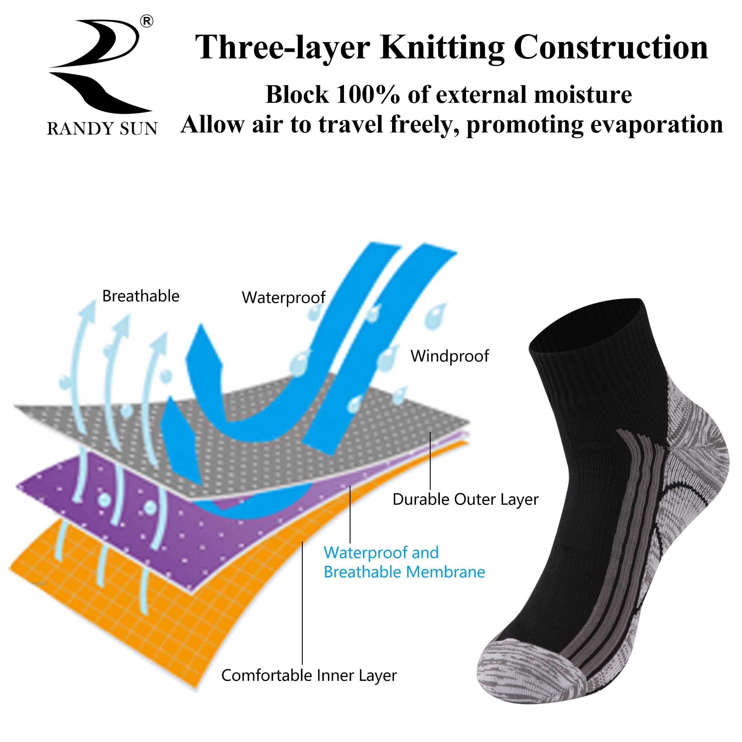 RANDY SUN Waterproof Running Socks, Men's Women's Athletic Cycling Biking Hiking Wading Trekking Gift Socks(1 Pair Ankle Black S)