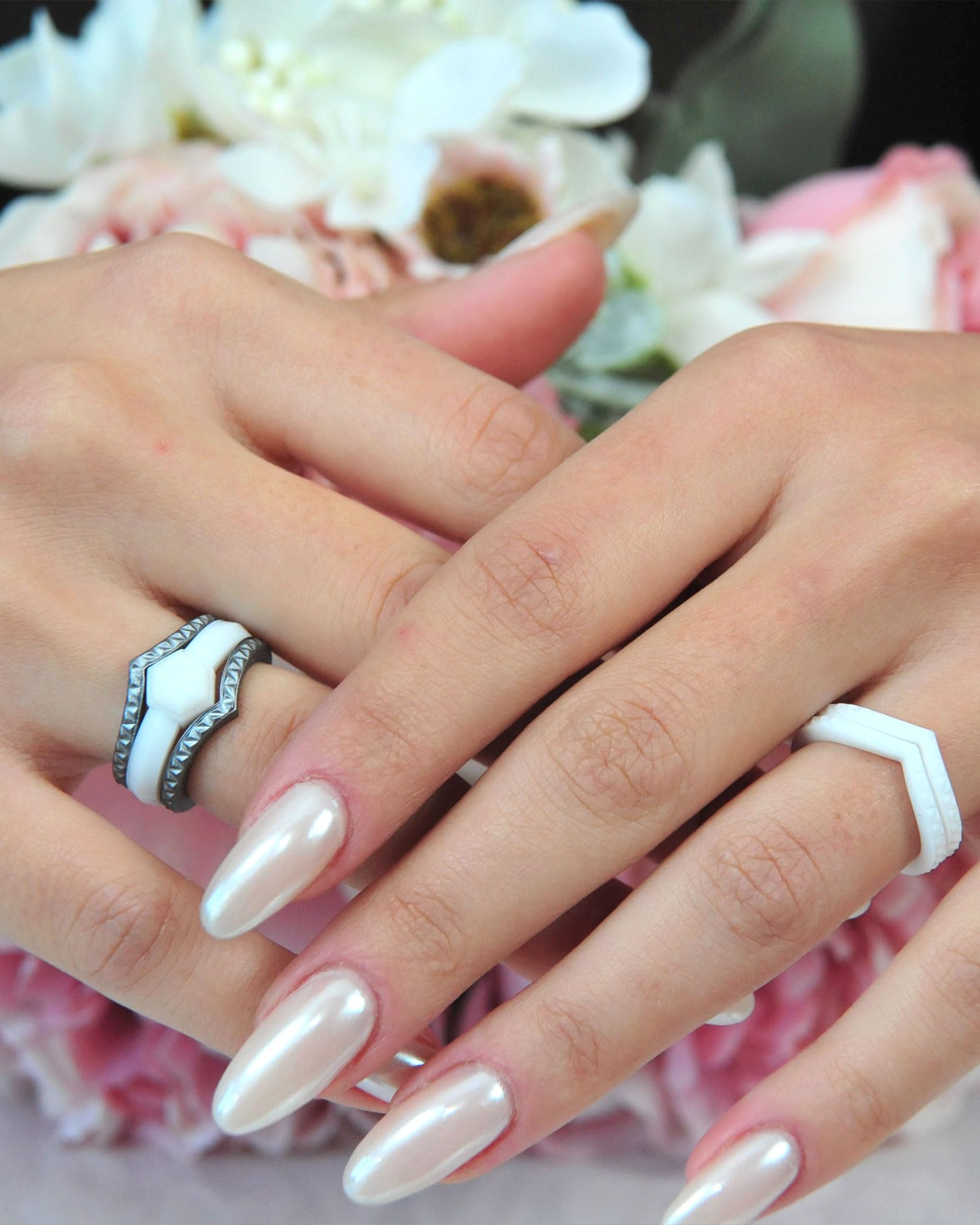 Rinfit Silicone Rings for Women - Rubber Wedding Bands Womens - Stackable Silicone Rings Couture - Patented Design - 3 White & 2 Silver, Size 5