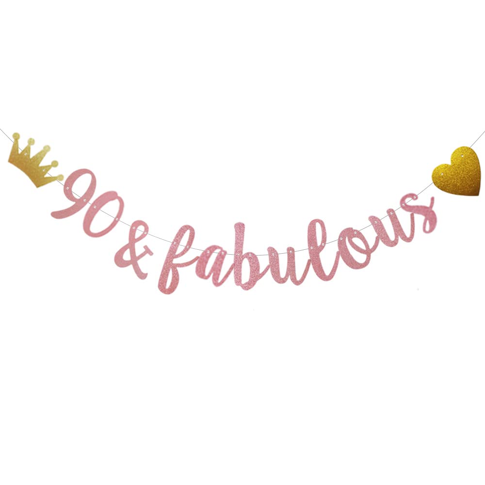 90 & fabulous Banner, Pre-Strung, No Assembly Required, Funny Rose Gold Paper Glitter Party Decorations for 90th Birthday Party Supplies, Letters Rose Gold,ABCpartyland