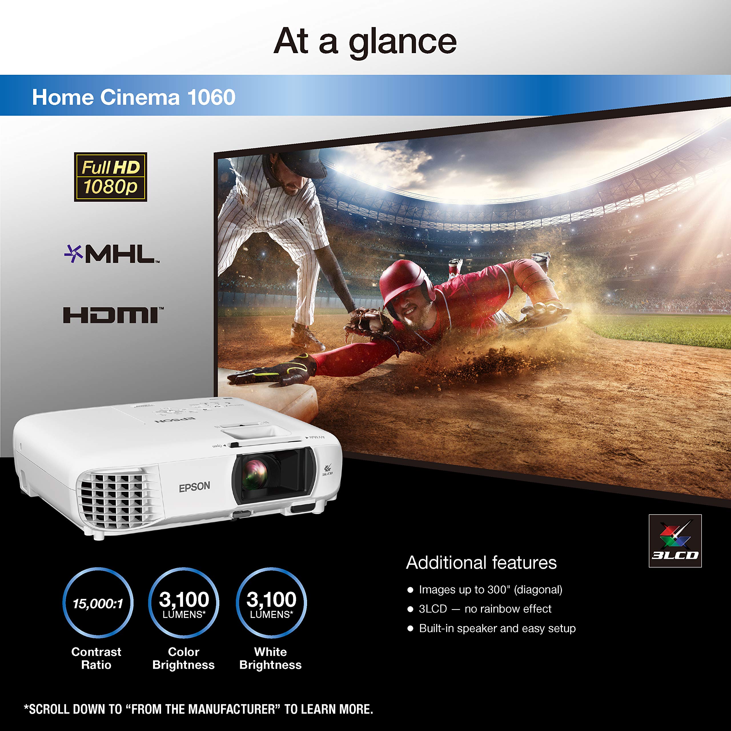 Epson Home Cinema 1060 Full HD 1080p 3,100 Lumens Color Brightness (Color Light Output) 3,100 Lumens White Brightness (White Light Output) 2x Hdmi (1x Mhl) Built-in Speakers 3lcd Projector