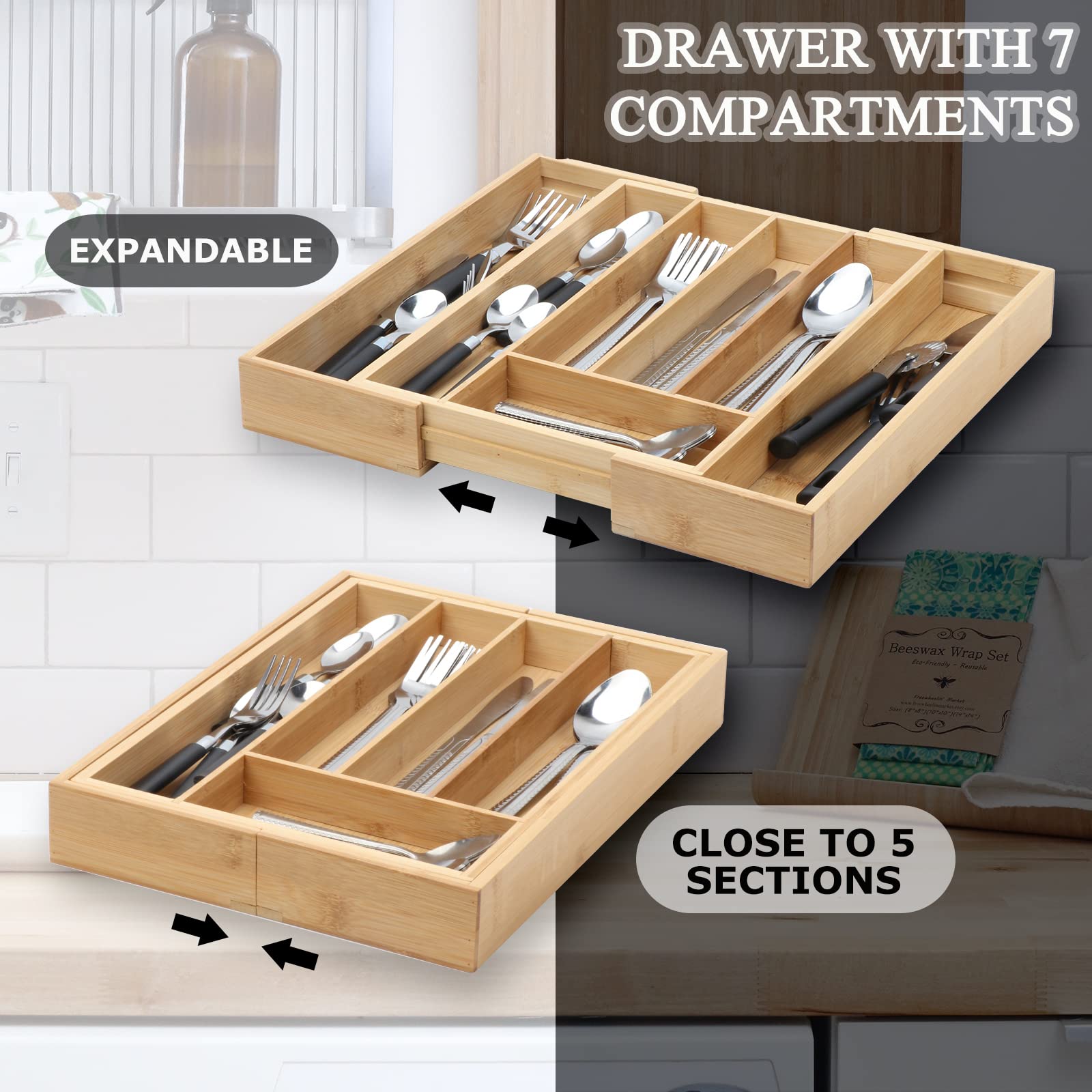 Bamboo Kitchen Drawer Organizer, Expandable Silverware Tray and Utensils Holder, Wooden Cutlery Tray with Grooved Divider for Flatware Spoon Fork Knives Storage