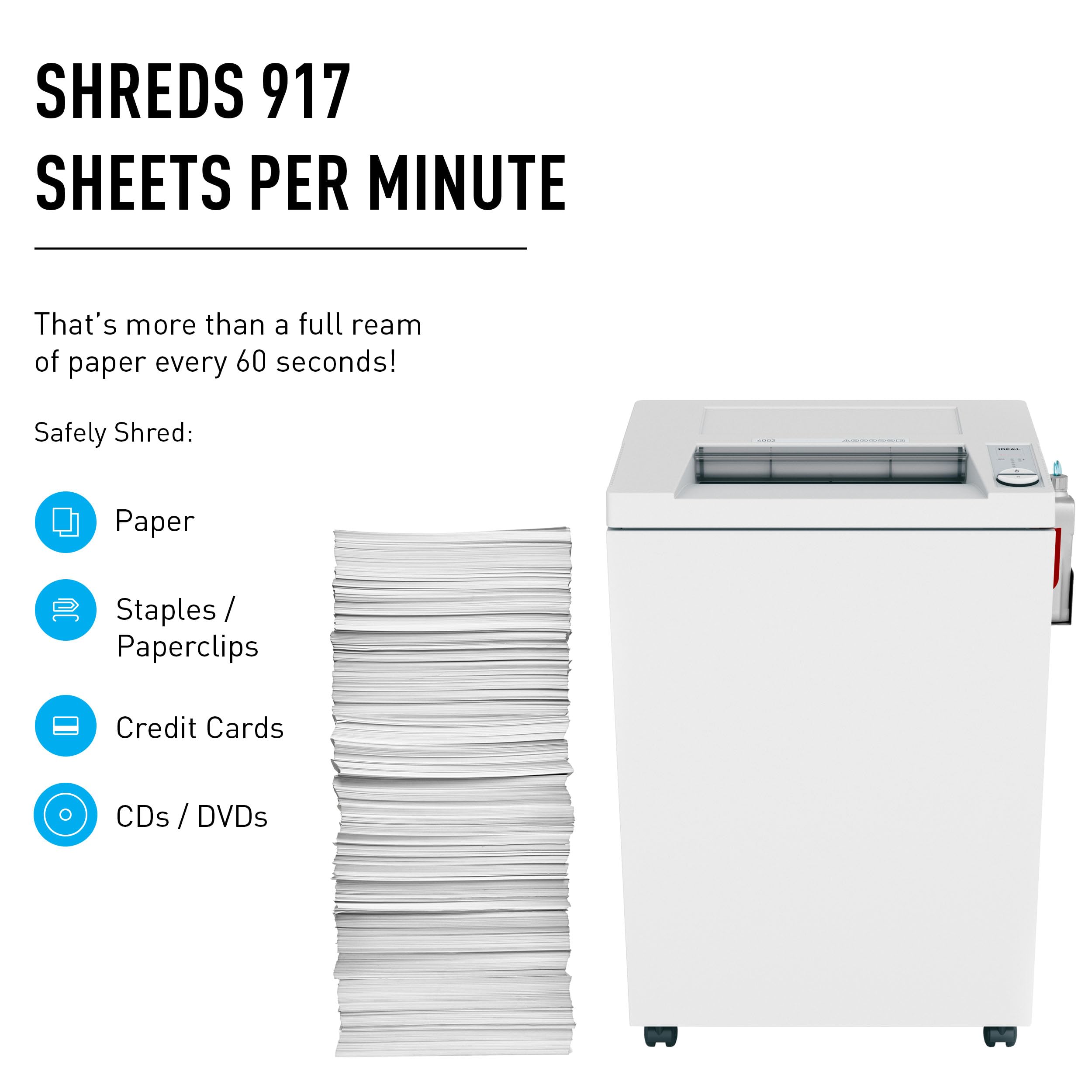 ideal. 4002 Cross-Cut Centralized Office Paper Shredder with Automatic Oiler, Continuous Operation , 24 to 26 Sheet, 44 gallon Bin, Shred Staples/Paper Clips/Credit Cards/CDs/DVDs, P-4 Security Level