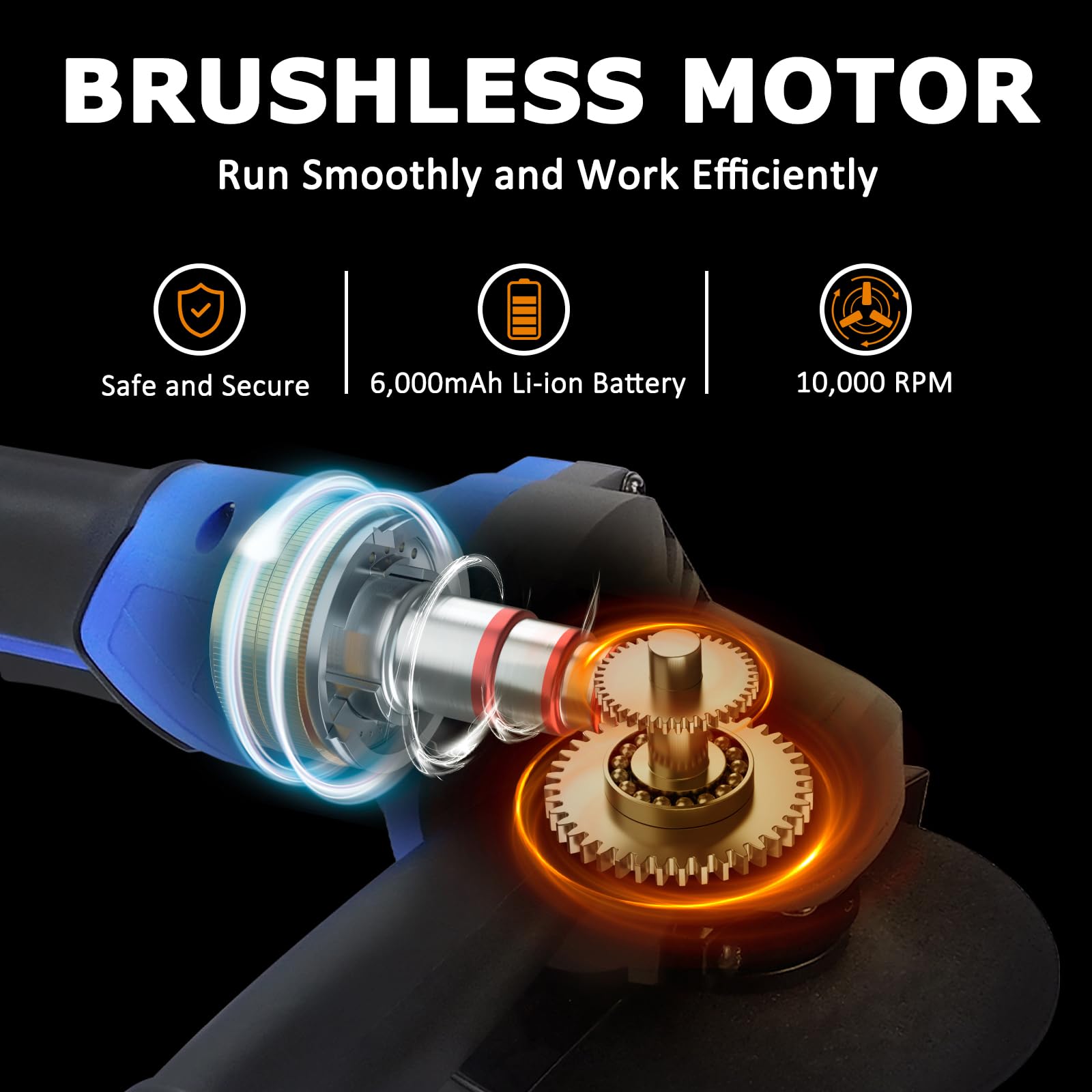 21V Brushless Cordless Angle Grinder Tool 10000 RPM, 4-1/2 Inch Hand Held Electric Grinder with 6.0Ah Battery & Charger, 1 30T Wood Saw Blade, 3 Grinding Cutting Wheels, 1 Flap Discs, 2 Sanding Paper