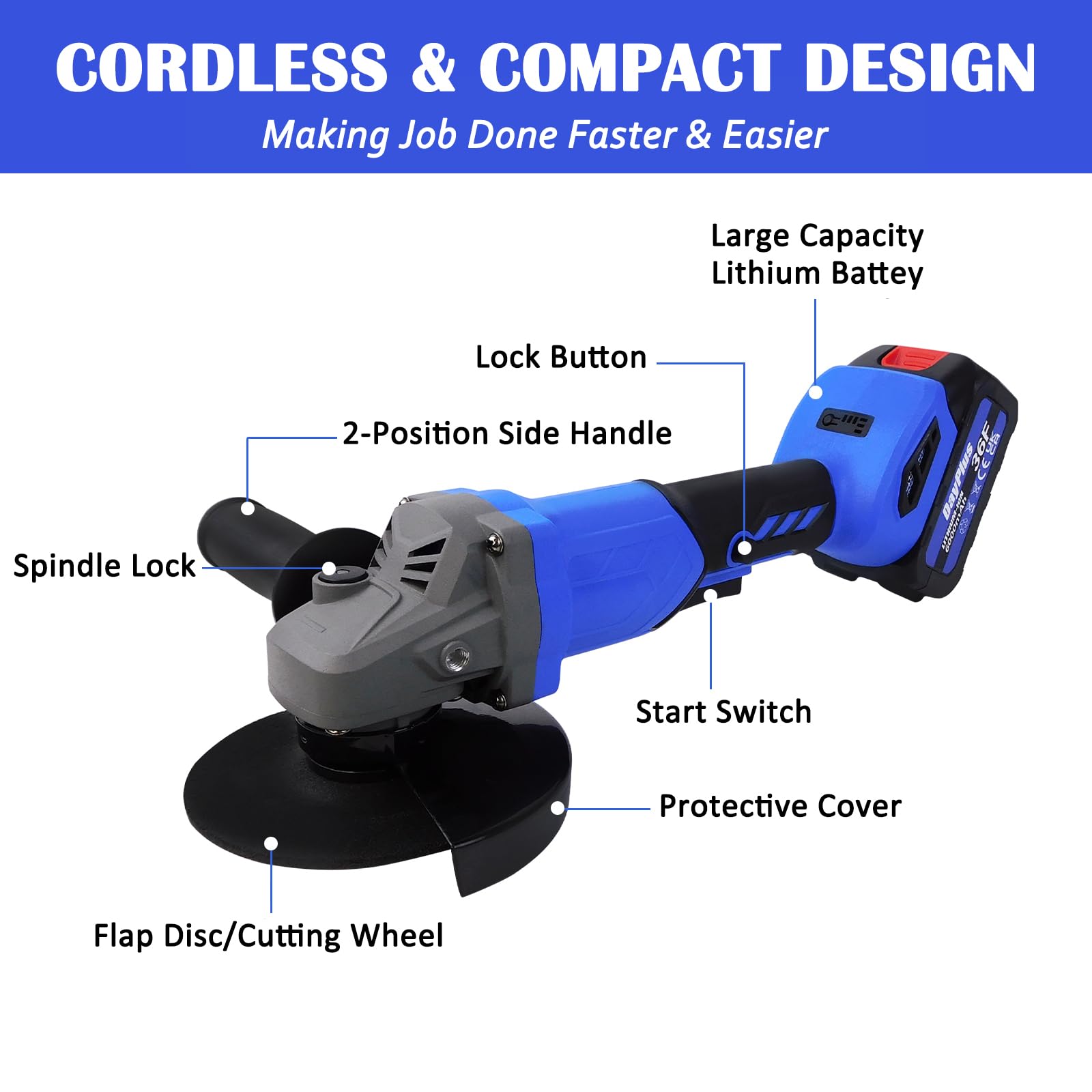 21V Brushless Cordless Angle Grinder Tool 10000 RPM, 4-1/2 Inch Hand Held Electric Grinder with 6.0Ah Battery & Charger, 1 30T Wood Saw Blade, 3 Grinding Cutting Wheels, 1 Flap Discs, 2 Sanding Paper