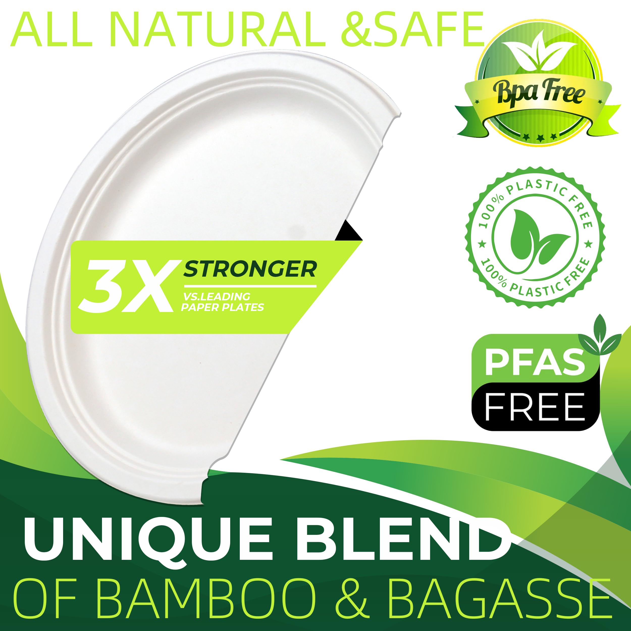 BIRCHIO 100PCS 100% Compostable White Oval Paper Plates(12in), Heavy Duty Disposable Plates, Eco-Friendly Dinner Plates, Biodegradable Salad, Meal, Dessert Plates, Perfect for Parties, Picnic, BBQ
