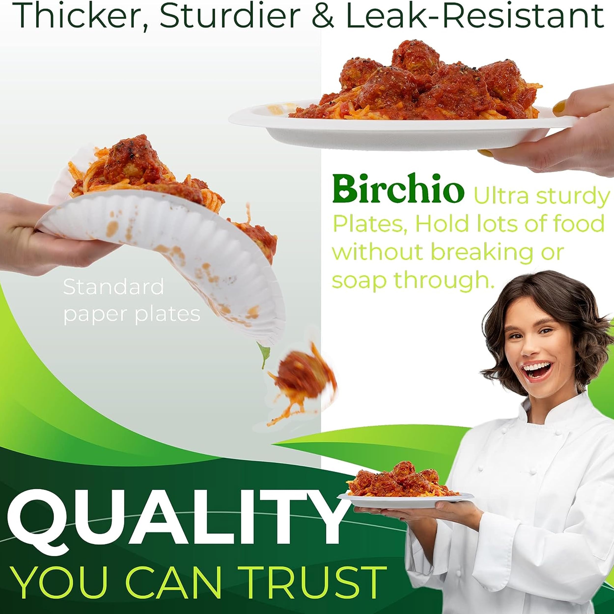 BIRCHIO 100PCS 100% Compostable White Oval Paper Plates(12in), Heavy Duty Disposable Plates, Eco-Friendly Dinner Plates, Biodegradable Salad, Meal, Dessert Plates, Perfect for Parties, Picnic, BBQ