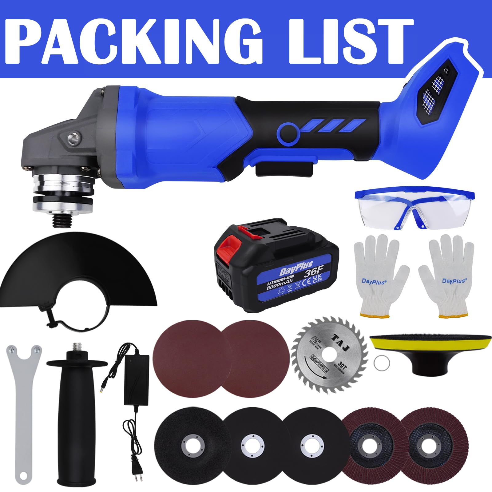 21V Brushless Cordless Angle Grinder Tool 10000 RPM, 4-1/2 Inch Hand Held Electric Grinder with 6.0Ah Battery & Charger, 1 30T Wood Saw Blade, 3 Grinding Cutting Wheels, 1 Flap Discs, 2 Sanding Paper