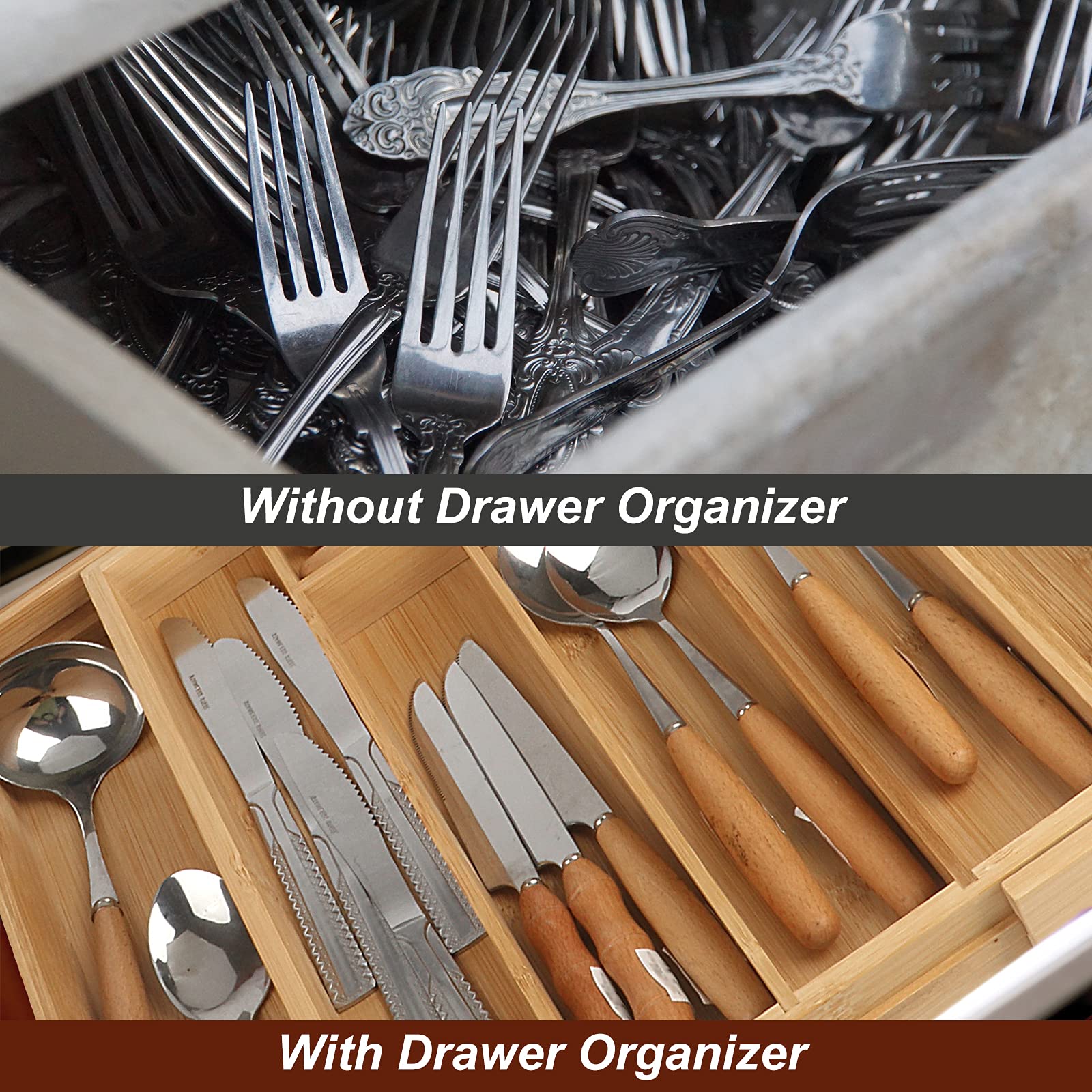 Bamboo Kitchen Drawer Organizer, Expandable Silverware Tray and Utensils Holder, Wooden Cutlery Tray with Grooved Divider for Flatware Spoon Fork Knives Storage