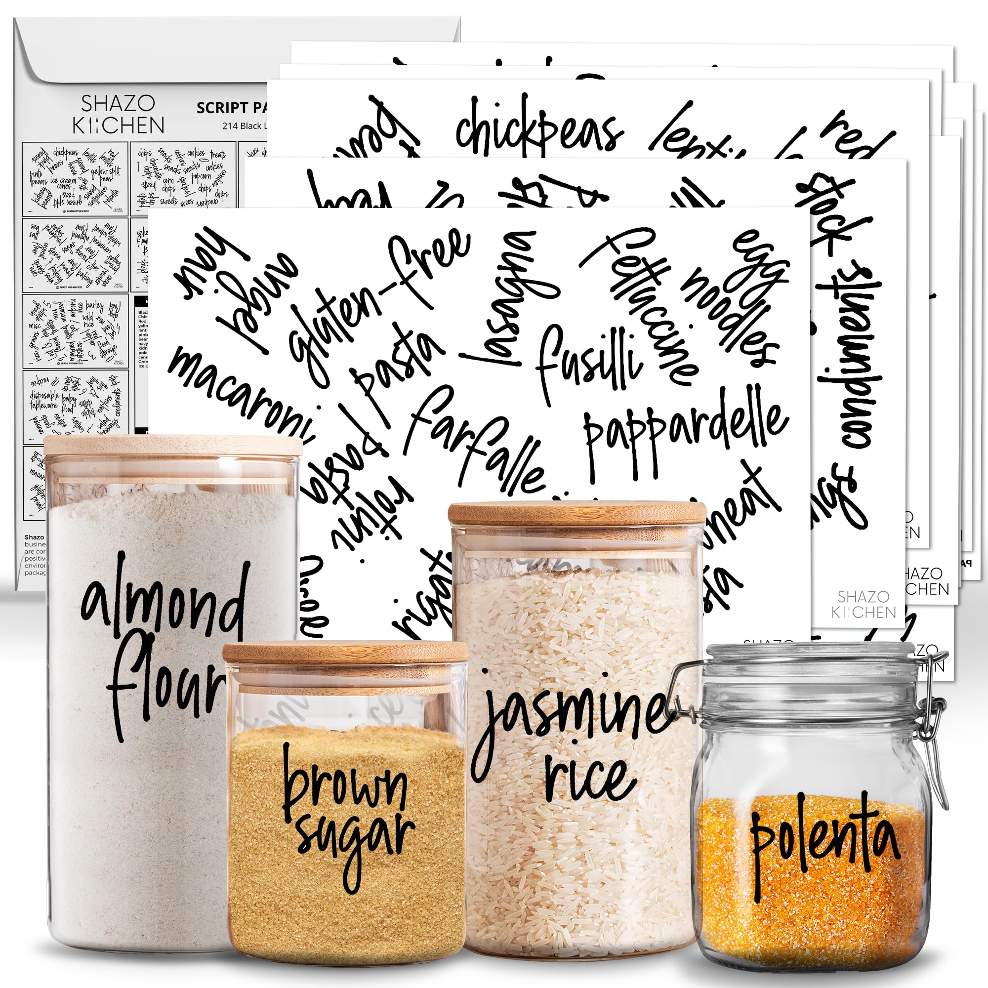 214 Extra Large Kitchen Pantry Labels for Food Storage Containers, Water Resistant - Easy to Read - Preprinted Black Script on Clear Stickers for Jar & Canisters - Kitchen Labels for Organizing