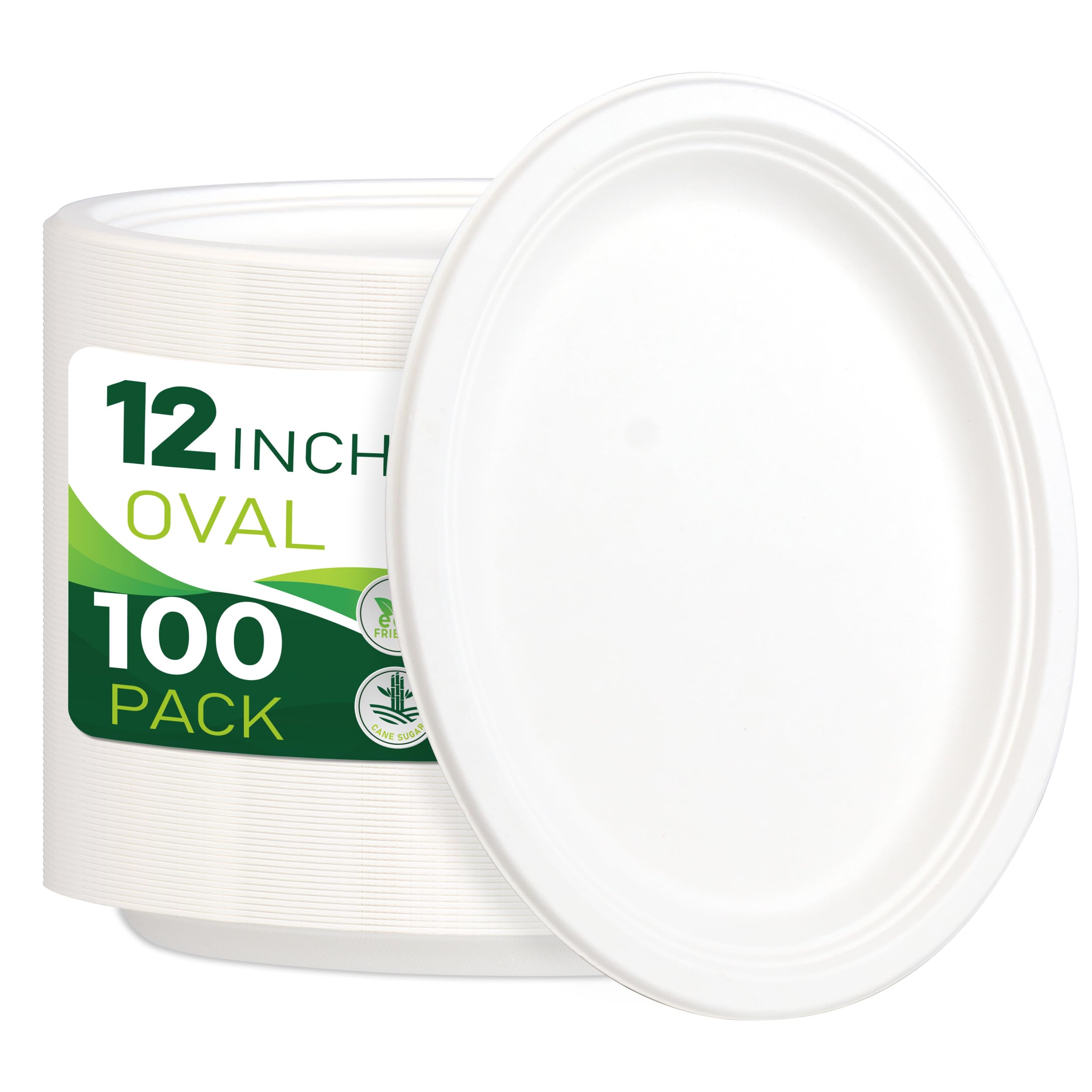 BIRCHIO 100PCS 100% Compostable White Oval Paper Plates(12in), Heavy Duty Disposable Plates, Eco-Friendly Dinner Plates, Biodegradable Salad, Meal, Dessert Plates, Perfect for Parties, Picnic, BBQ