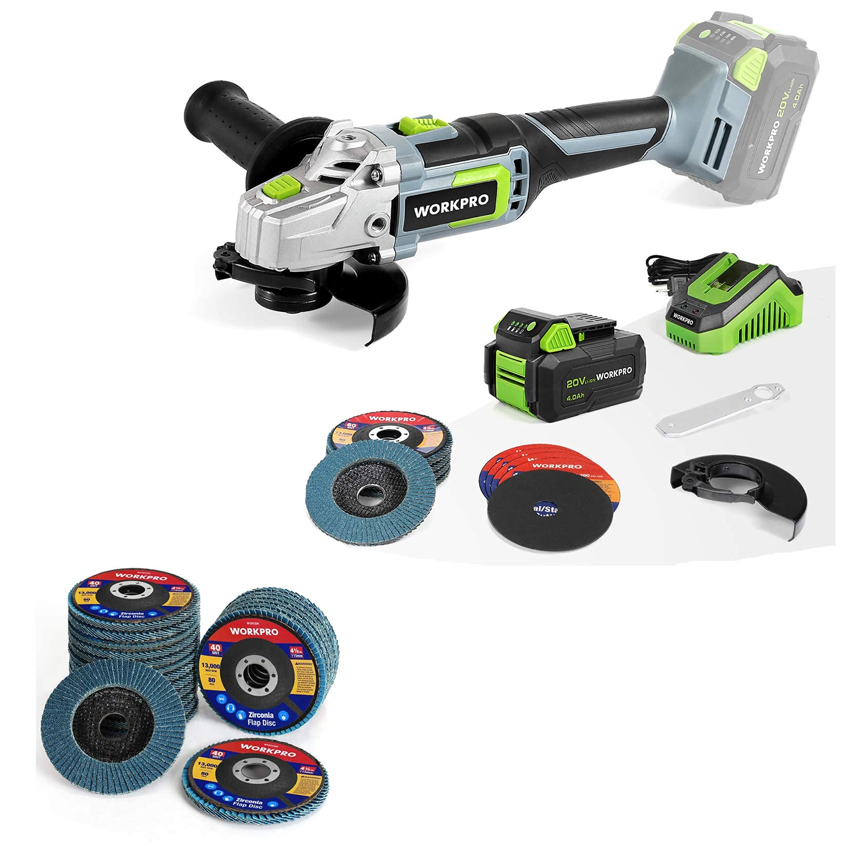 WORKPRO 20V Cordless Angle Grinder Kit, 4-1/2 Inch and WORKPRO 20-Pack Flap Discs, 4-1/2-inch, Arbor Size 7/8-inch