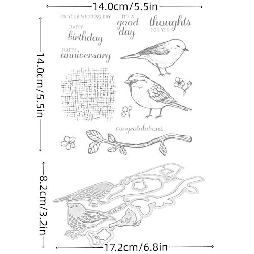 ZECNG Birds on Branches Clear Stamps Silicone Words for Card Making, Transparent Rubber Stamp and Die Sets for DIY Scrapbooking Decorate Photo Album Crafts