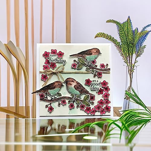 ZECNG Birds on Branches Clear Stamps Silicone Words for Card Making, Transparent Rubber Stamp and Die Sets for DIY Scrapbooking Decorate Photo Album Crafts