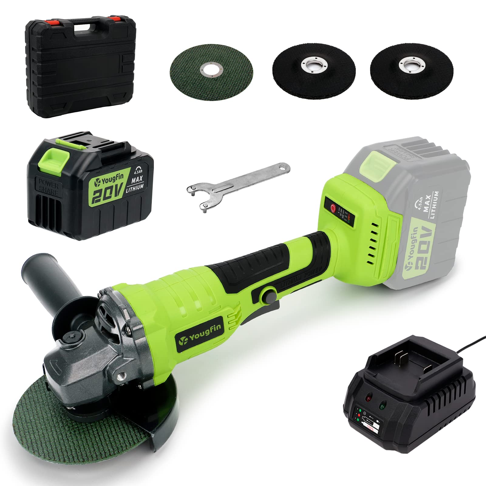 Yougfin Angle Grinder 5 inch, 20V Max Brushless Cordless 7000RPM Grinding Power Tool, 2 Handle Position, Safety Guard, Cutting Wheels, Flap Discs for Metal Cutting & Wood Carving