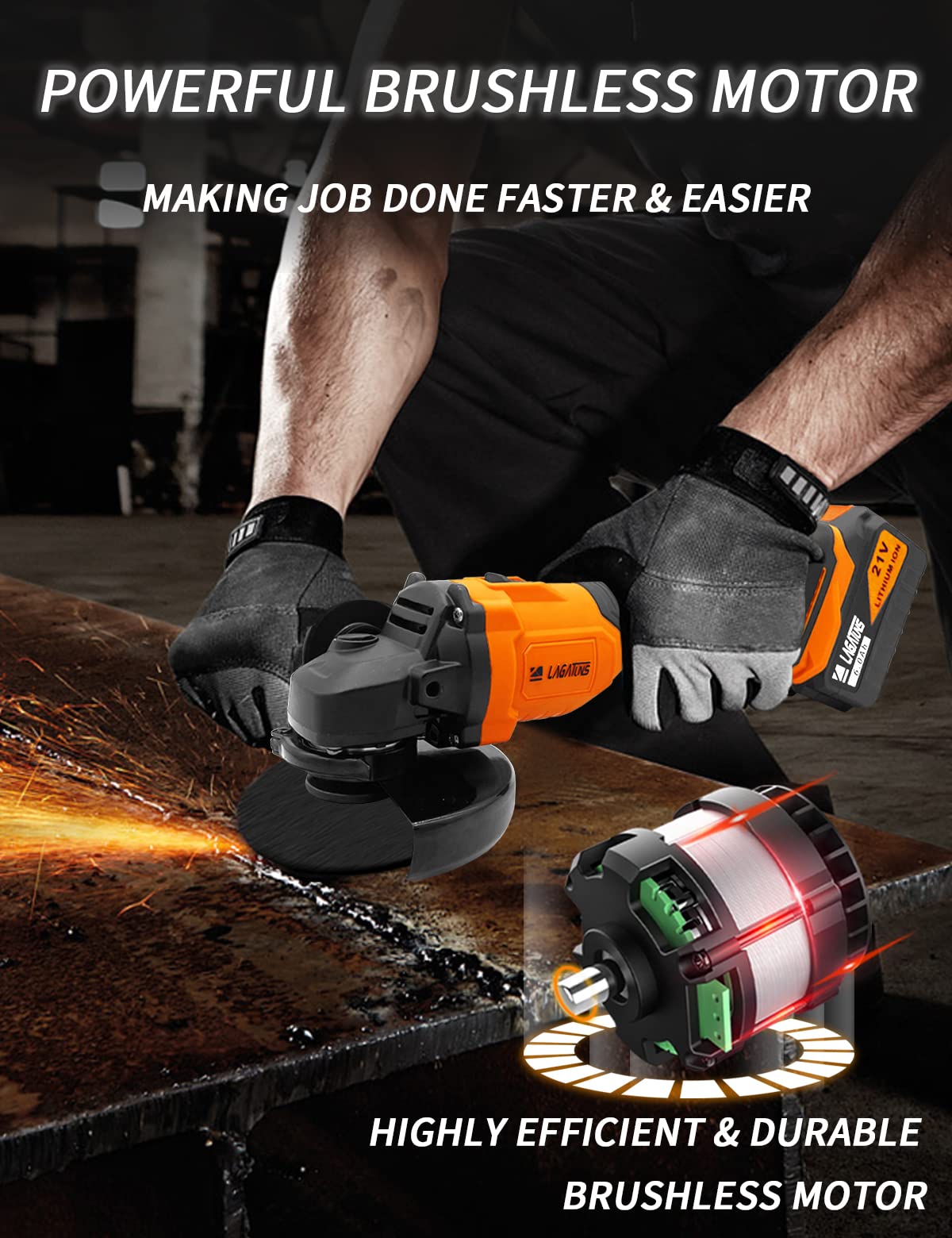 LAGATUNS Cordless Angle Grinder w/21V 6.0Ah Li-Ion Battery & Charger,Brushless Motor, 4-1/2'' Blade, Quick-Change Wheel Guard, 2-Position Handle, US Warranty (Renewed)