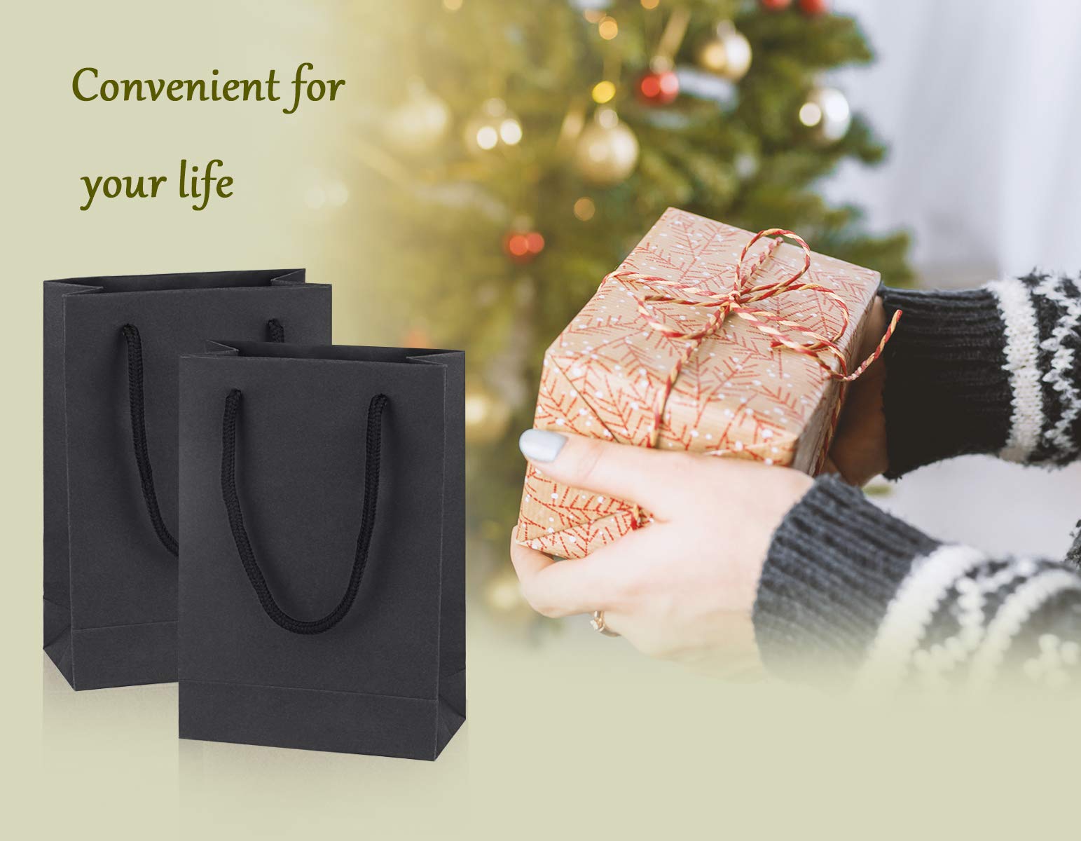 driew Gift Bags Black 50 Pack, Black Paper Gift Bags with Cotton Handle 5x2x7.5 inches Party Gift Bags