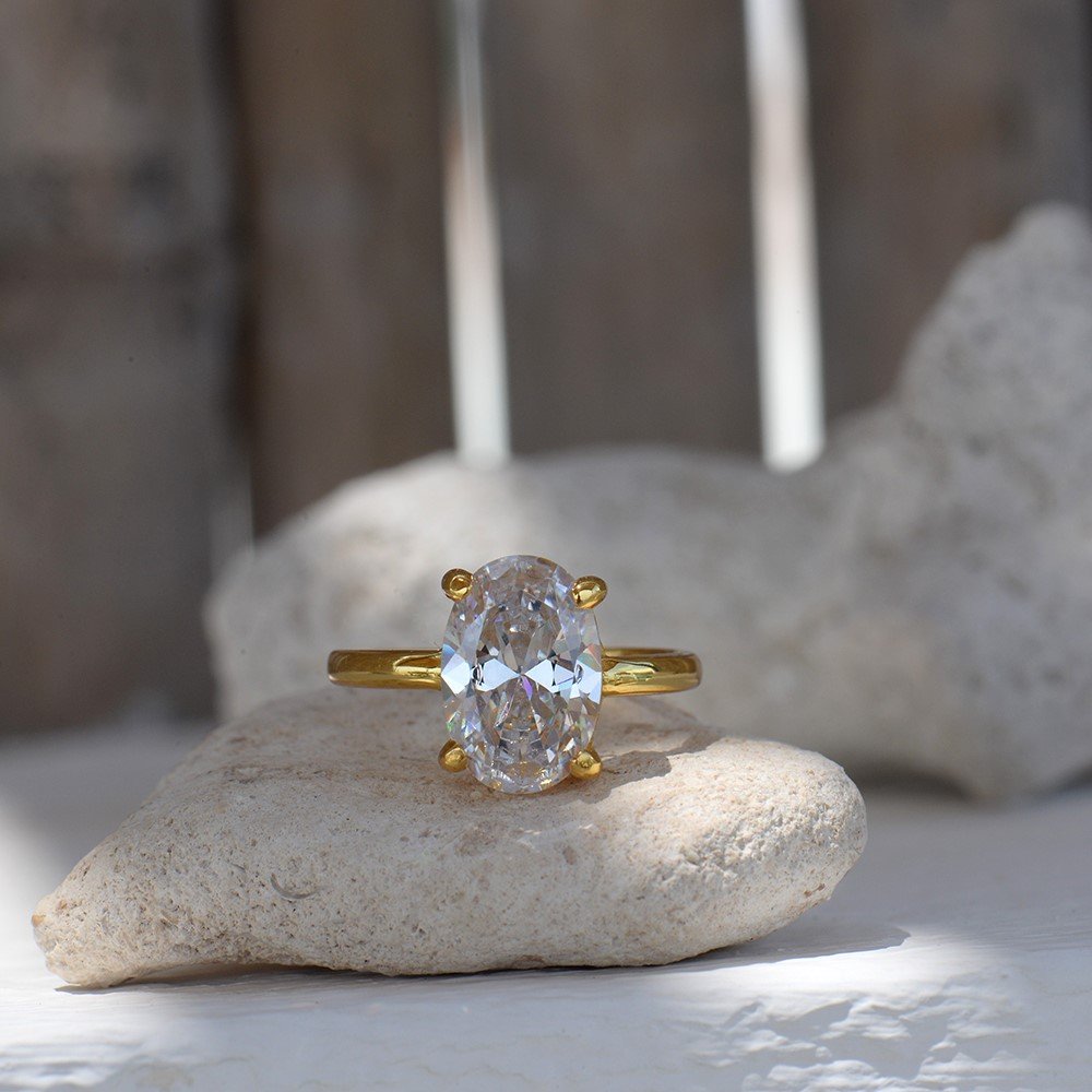 LEMON GRASS 3.5ct Oval Solitaire Engagement Ring Thin Band in Sterling Silver 925 14K Yellow Gold Plating Size 4
