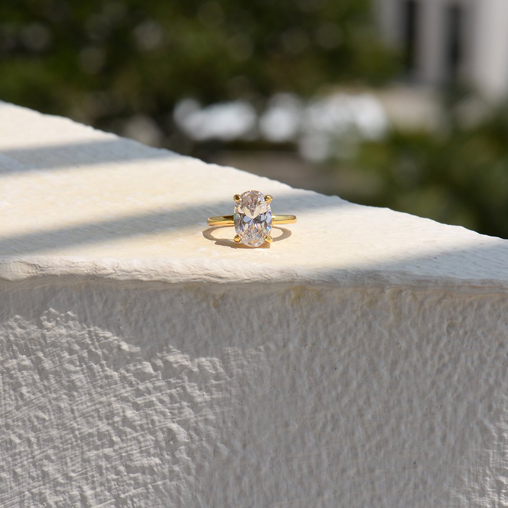 LEMON GRASS 3.5ct Oval Solitaire Engagement Ring Thin Band in Sterling Silver 925 14K Yellow Gold Plating Size 4