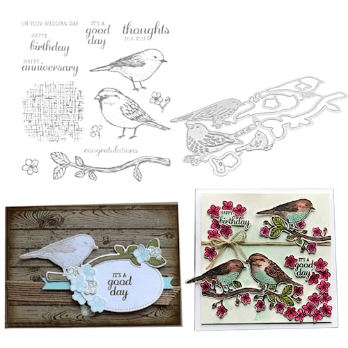 ZECNG Birds on Branches Clear Stamps Silicone Words for Card Making, Transparent Rubber Stamp and Die Sets for DIY Scrapbooking Decorate Photo Album Crafts