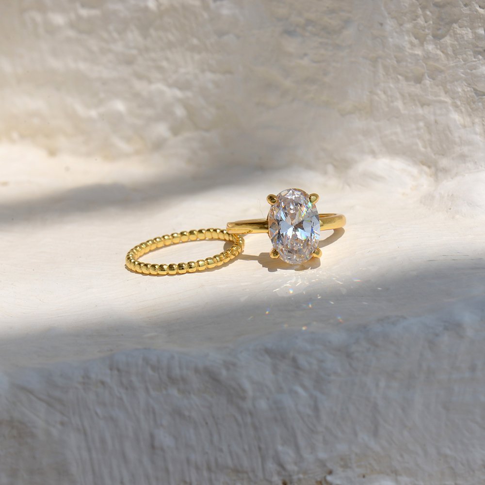 LEMON GRASS 3.5ct Oval Solitaire Engagement Ring Thin Band in Sterling Silver 925 14K Yellow Gold Plating Size 4
