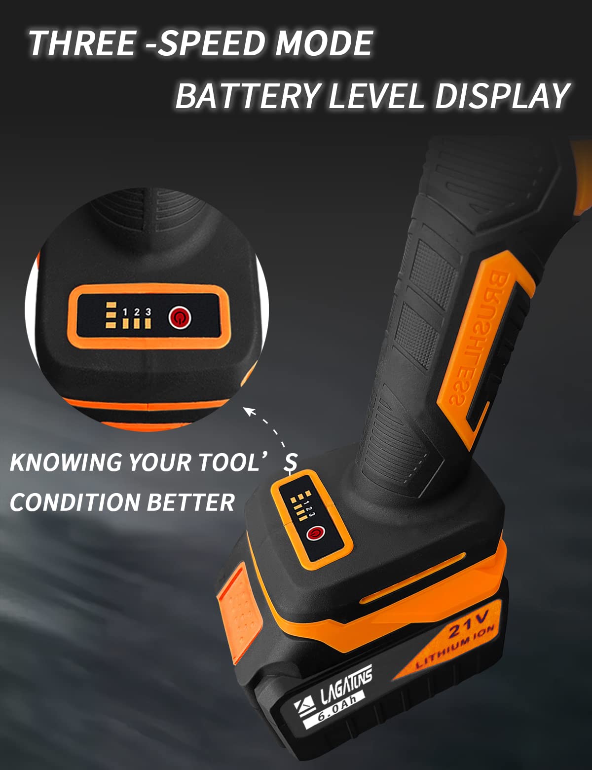 LAGATUNS Cordless Angle Grinder w/21V 6.0Ah Li-Ion Battery & Charger,Brushless Motor, 4-1/2'' Blade, Quick-Change Wheel Guard, 2-Position Handle, US Warranty (Renewed)