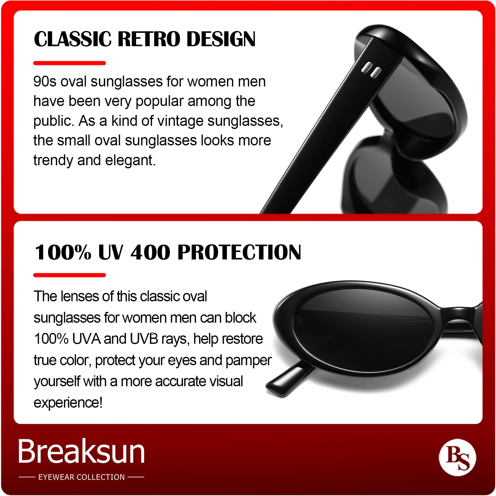 Breaksun Retro Oval Sunglasses for Women Men Fashion Small Oval Sunglasses 90s Vintage Shades (Black/Grey)