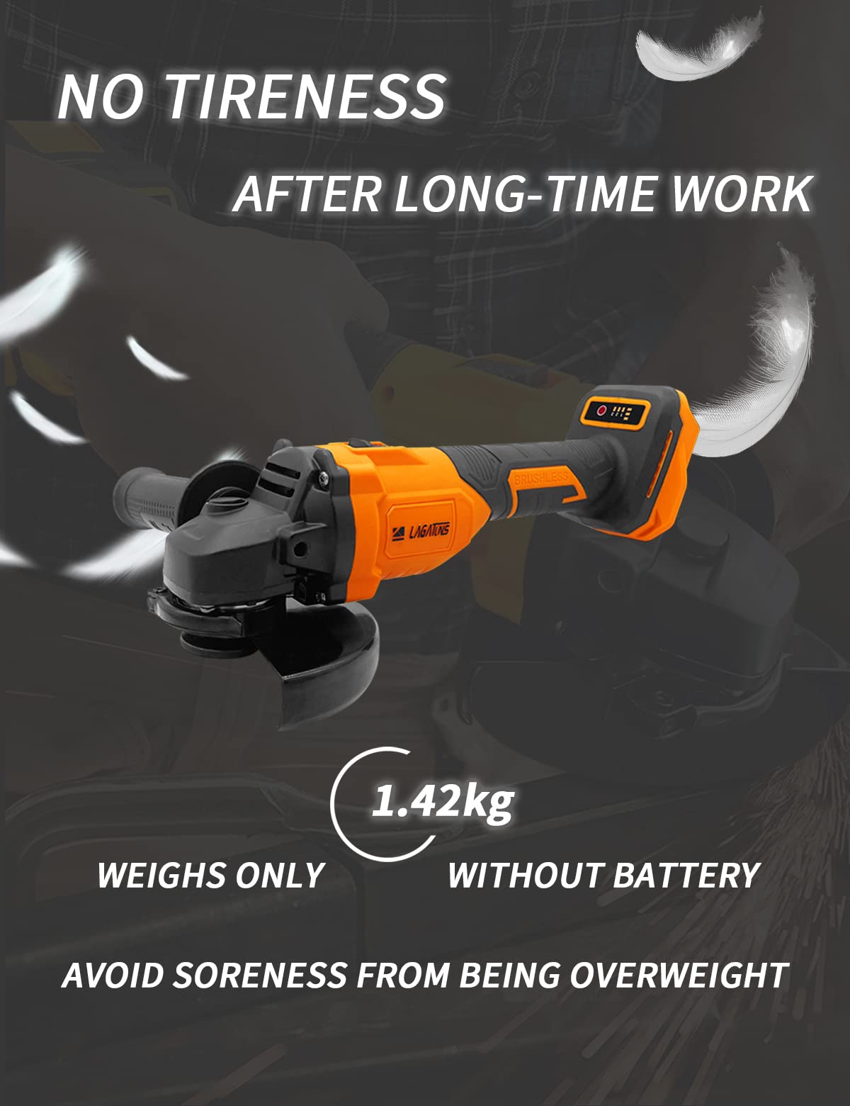 LAGATUNS Cordless Angle Grinder w/21V 6.0Ah Li-Ion Battery & Charger,Brushless Motor, 4-1/2'' Blade, Quick-Change Wheel Guard, 2-Position Handle, US Warranty (Renewed)