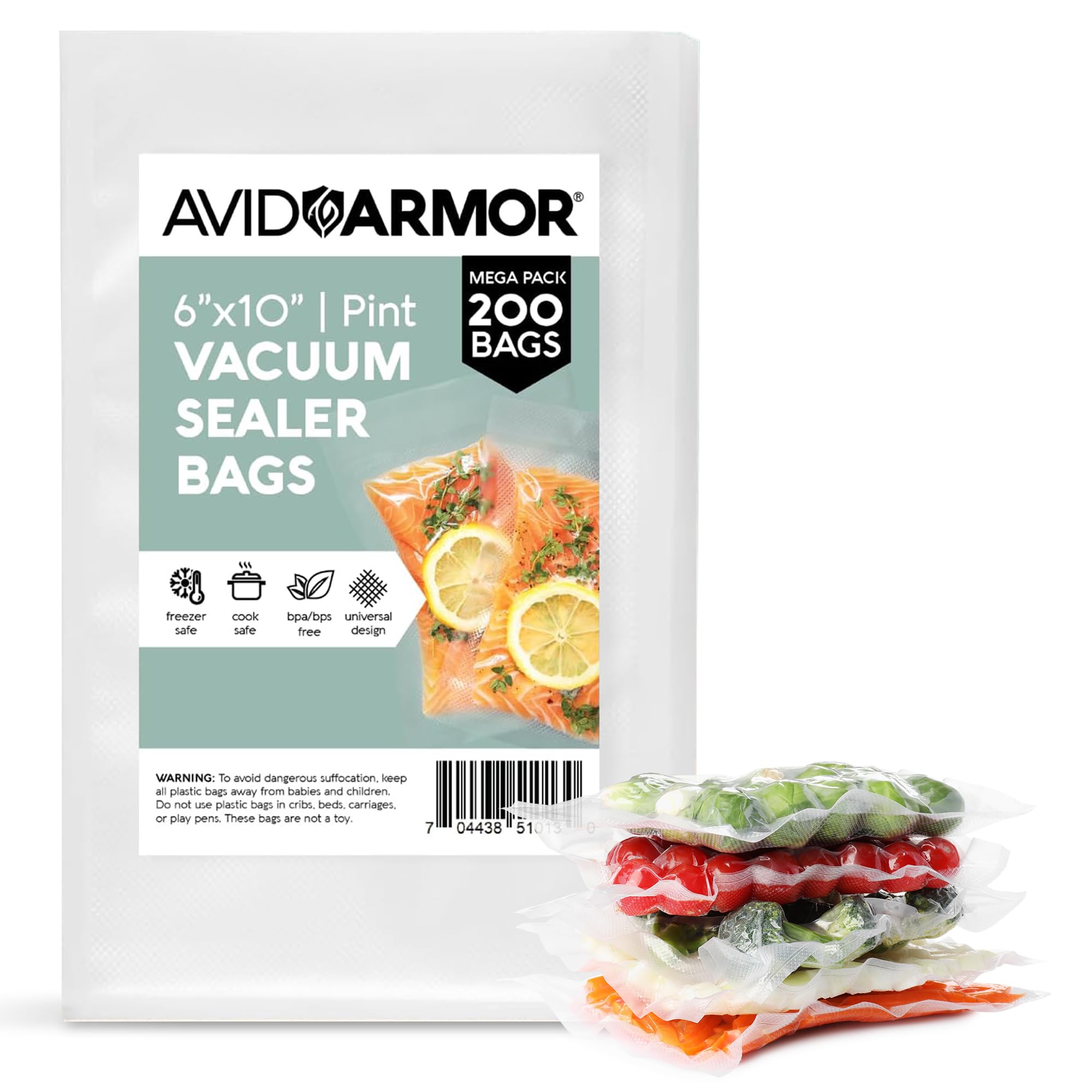 Avid Armor Vacuum Sealer Bags 200 Pint 6x10" Size for Food Saver, Seal a Meal Vac Sealers, BPA Free, Heavy Duty, Meal Prep and Sous Vide Vacume Safe, Universal Designed Food Storage Bag