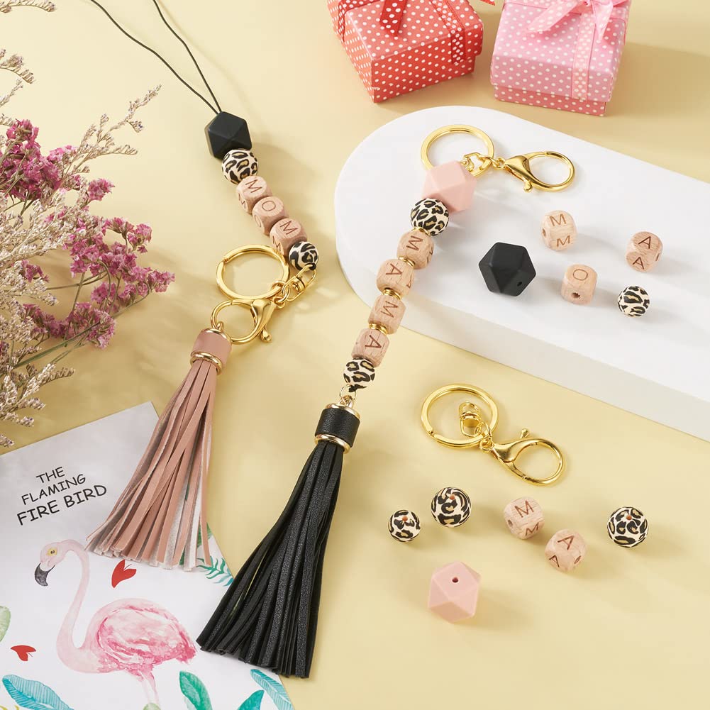 FASHEWELRY 54pcs Mama Silicone Bracelet Keychain Kit 12mm 15mm Leopard Print Silicone Beads Polygonal Silicone Rubber Beads for Mother’s Day Gift Mom Sister Auntie