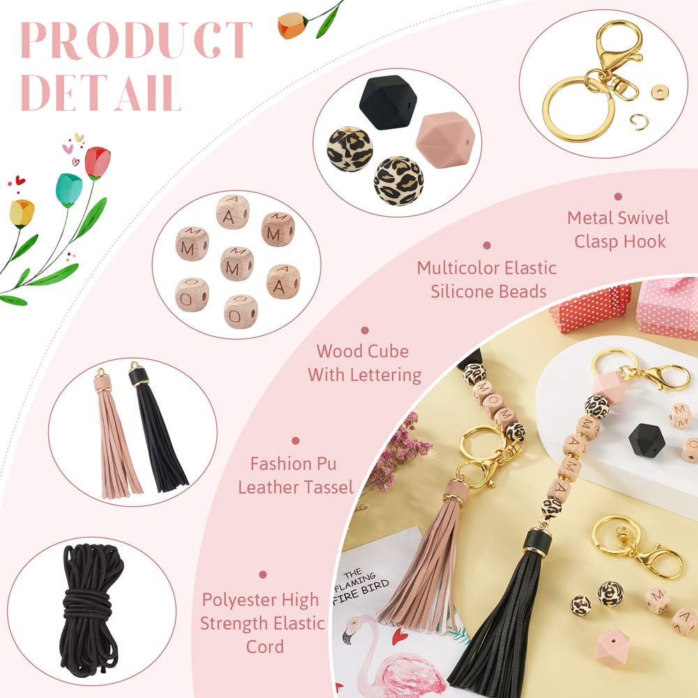 FASHEWELRY 54pcs Mama Silicone Bracelet Keychain Kit 12mm 15mm Leopard Print Silicone Beads Polygonal Silicone Rubber Beads for Mother’s Day Gift Mom Sister Auntie
