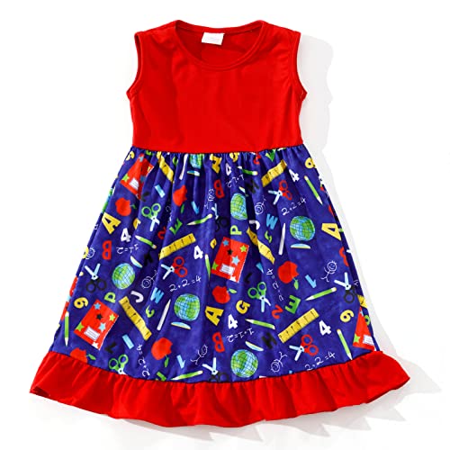 DALITA BOUTIQUE Toddler Girls Back to School Apple Pencil Red Blue Dress Causal Flutter Sleeve Ruffle Bottom 3-4T, Blue,red