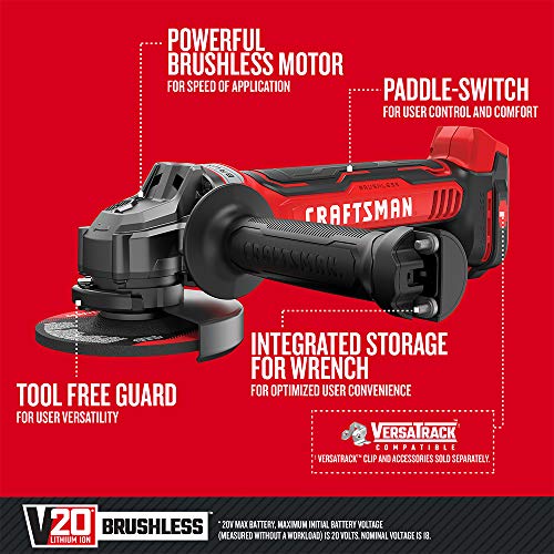 CRAFTSMAN V20 Battery & Charger Starter Kit, 2.0 Ah with V20 Angle Grinder, 4-1/2-Inch, Tool Only (CMCB202-2CK & CMCG450B)